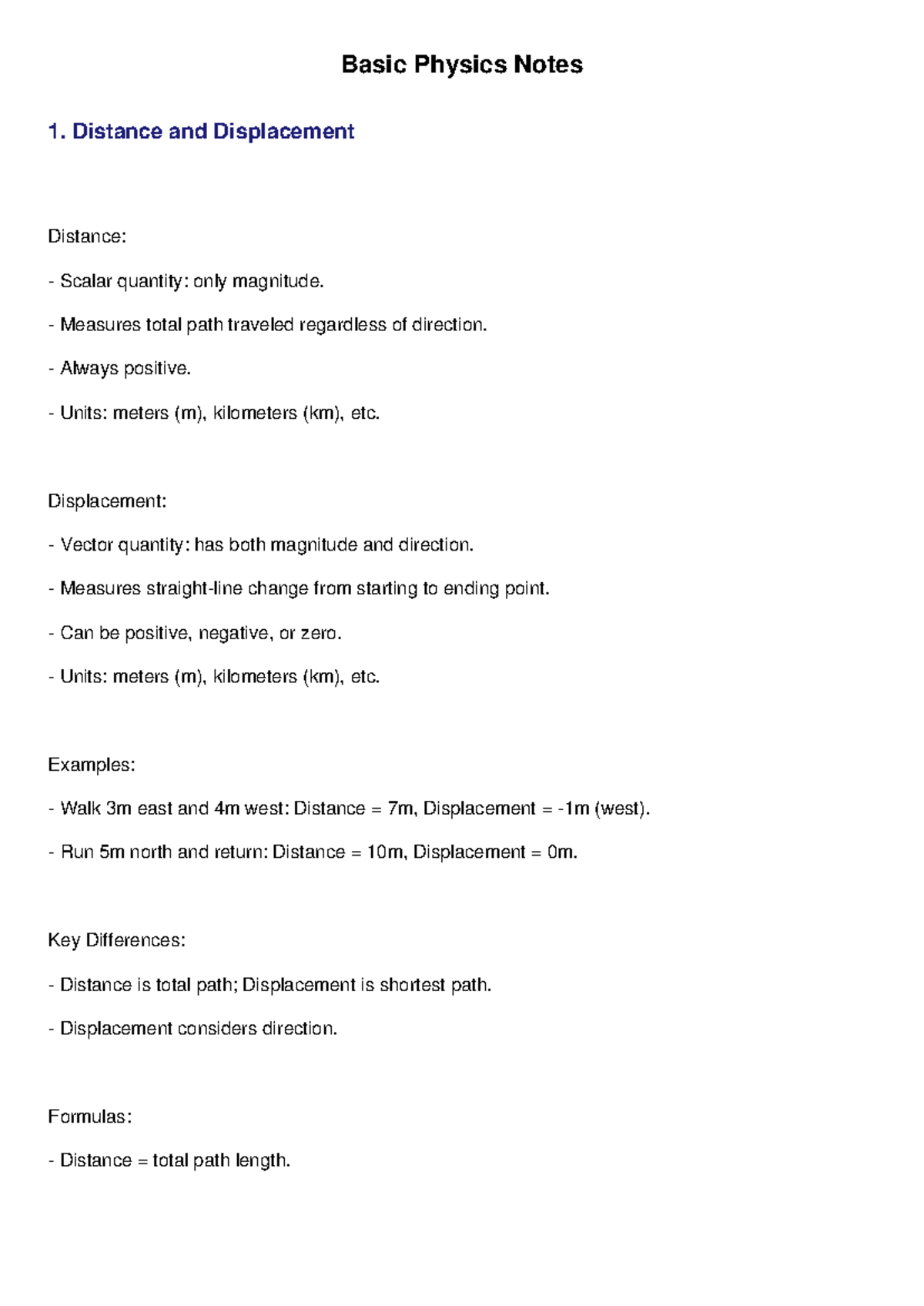 PHY101: Basic Notes on Distance and Displacement Concepts - Studocu