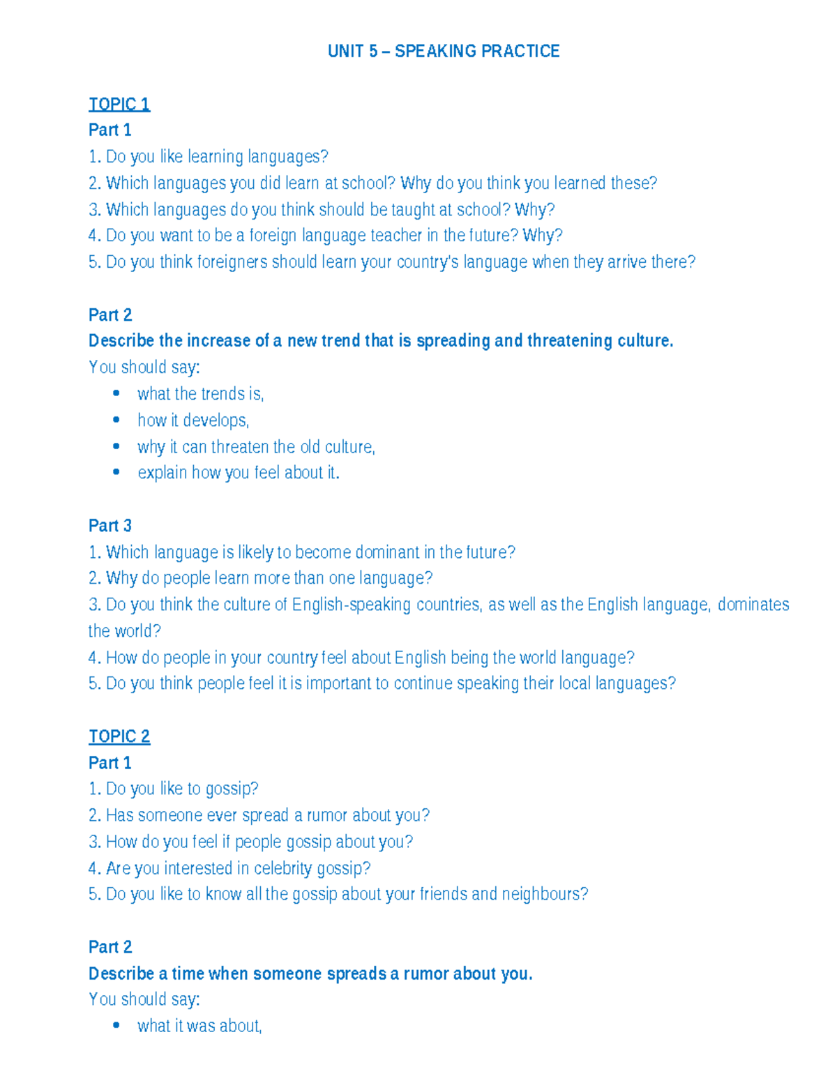 UNIT 5 SPEAKING PRACTICE: LANGUAGE & GOSSIP TOPICS - Studocu