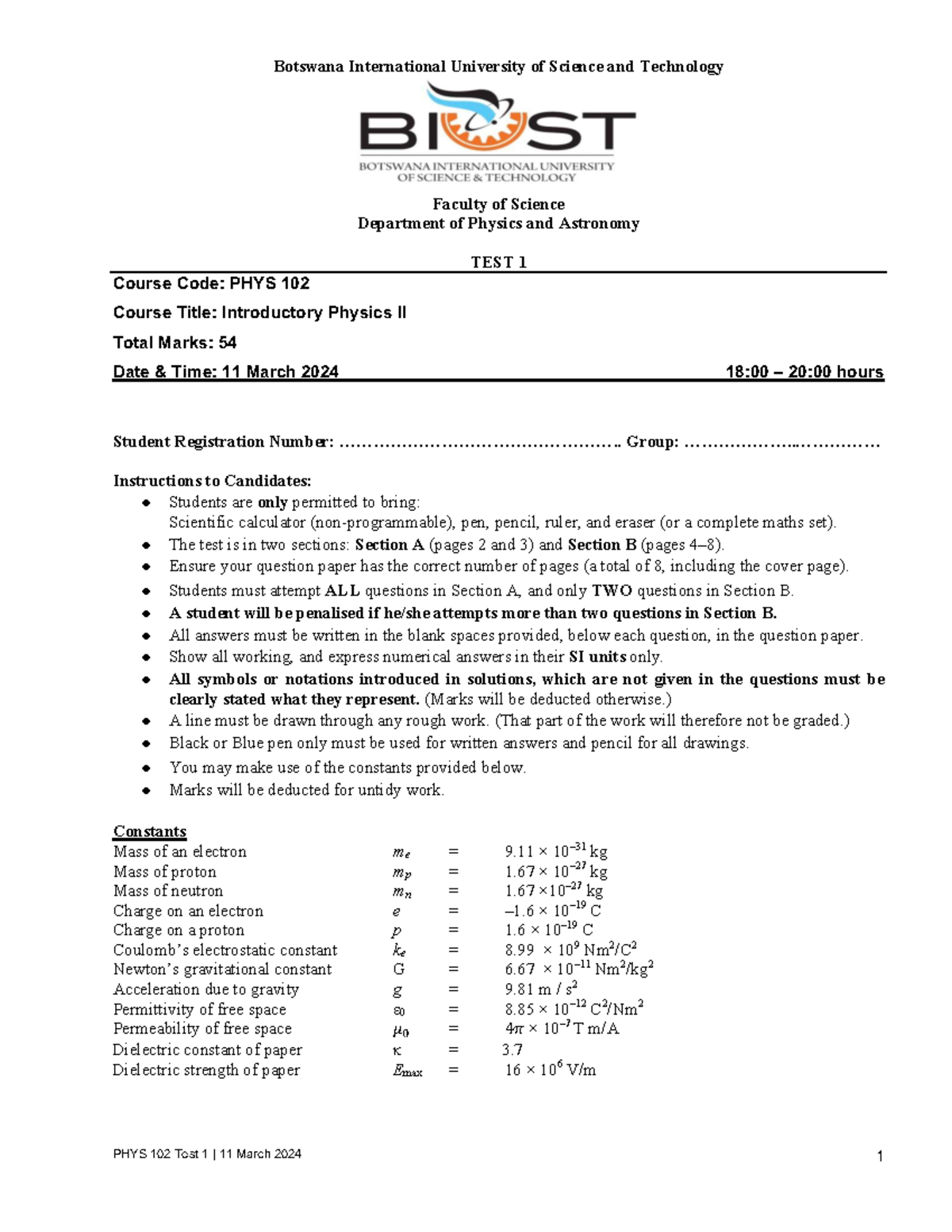 2024 PHYS 102 Test 1 - Introductory Physics II Exam Guide - Studocu