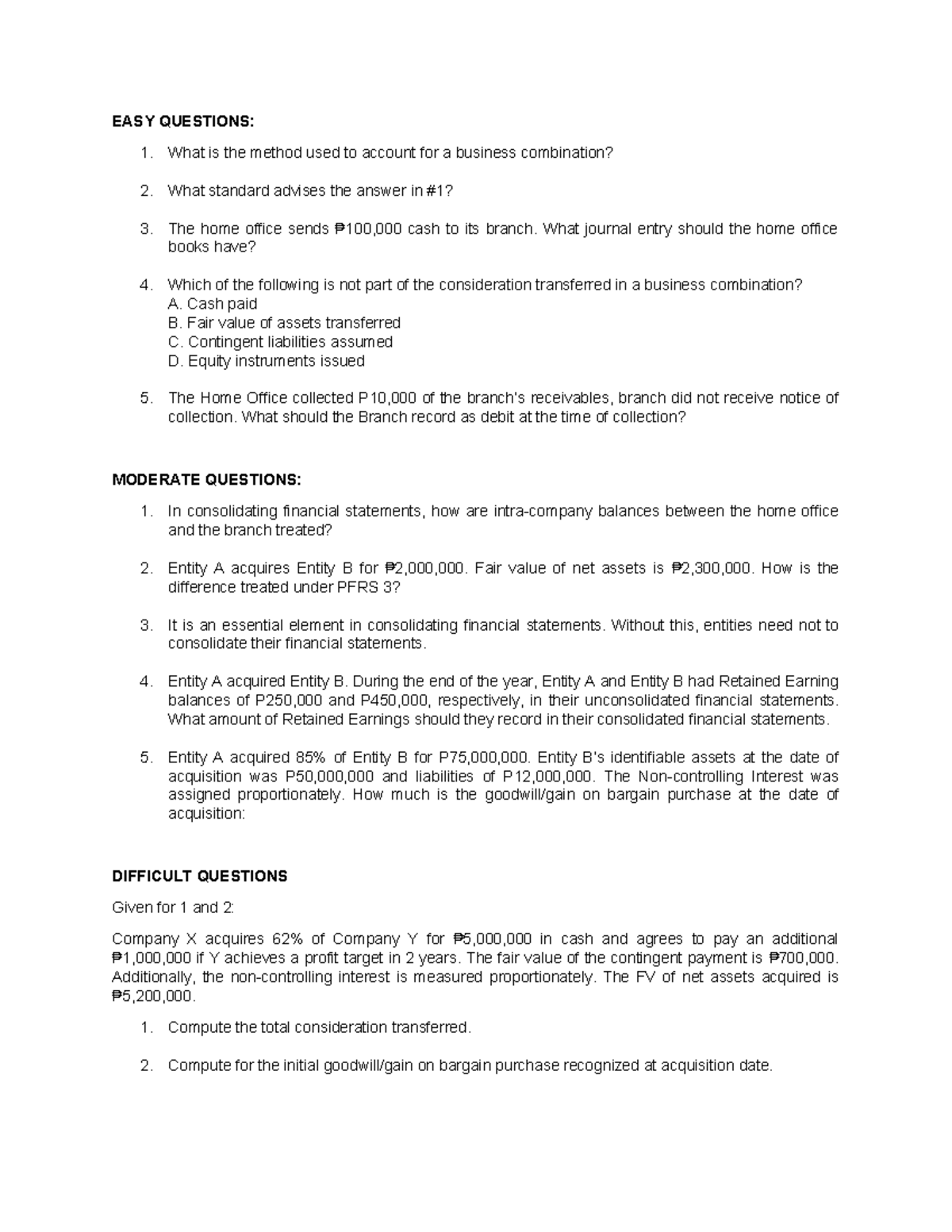 Business Combinations: Easy, Moderate, and Difficult Questions (ACCT ...