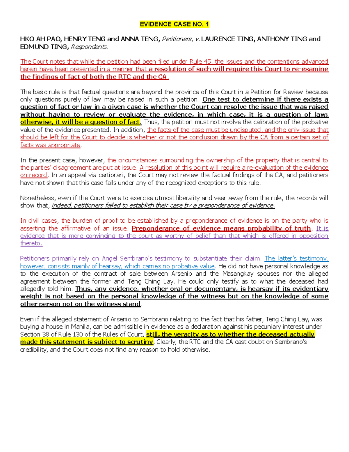 Final Evidence Case Summaries for Midterm Exam (COURSE CODE) - Studocu