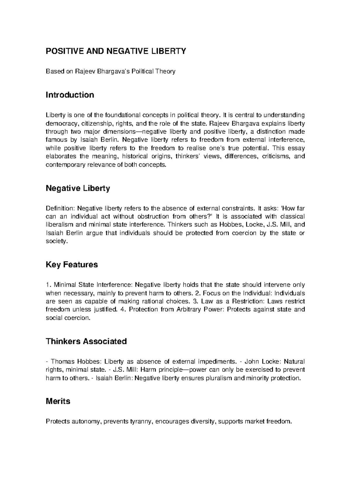 POS 101: Positive and Negative Liberty in Political Theory Essay - Studocu