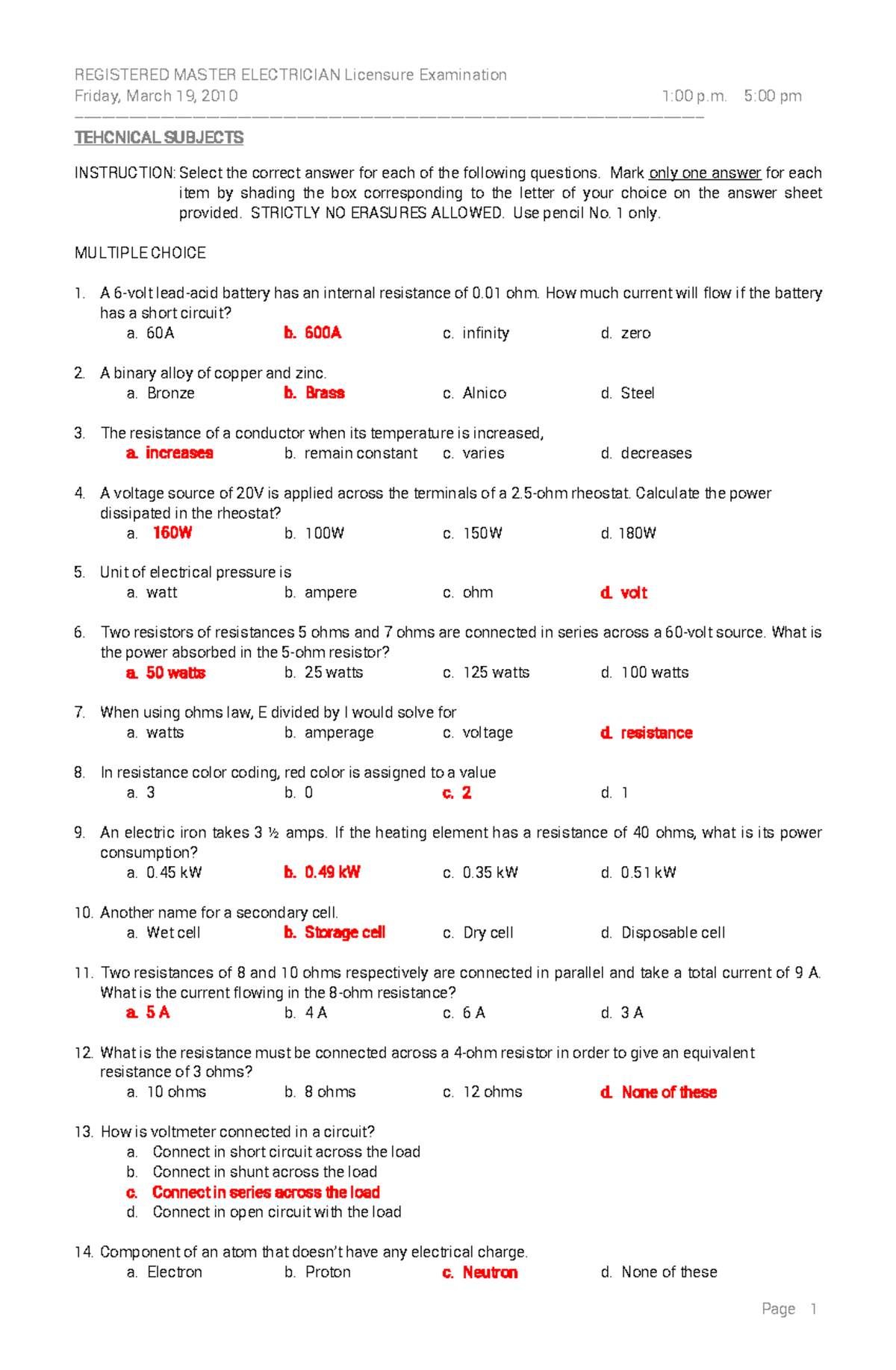RME Examination - Friday, March 19, 2010 1:00 p. ฀ 5:00 pm T E H C N I ...
