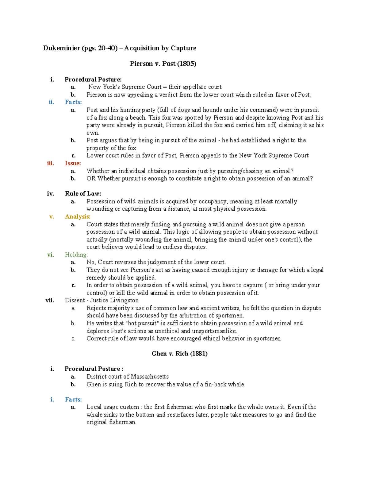Property Law Case Analysis: Pierson v. Post & Ghen v. Rich (EXP L ...