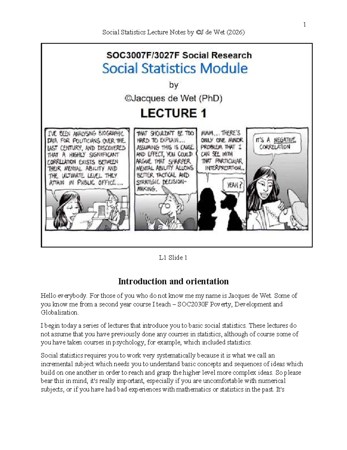 SOC2030F Social Statistics Lecture Notes - Introduction by de Wet (2026 ...
