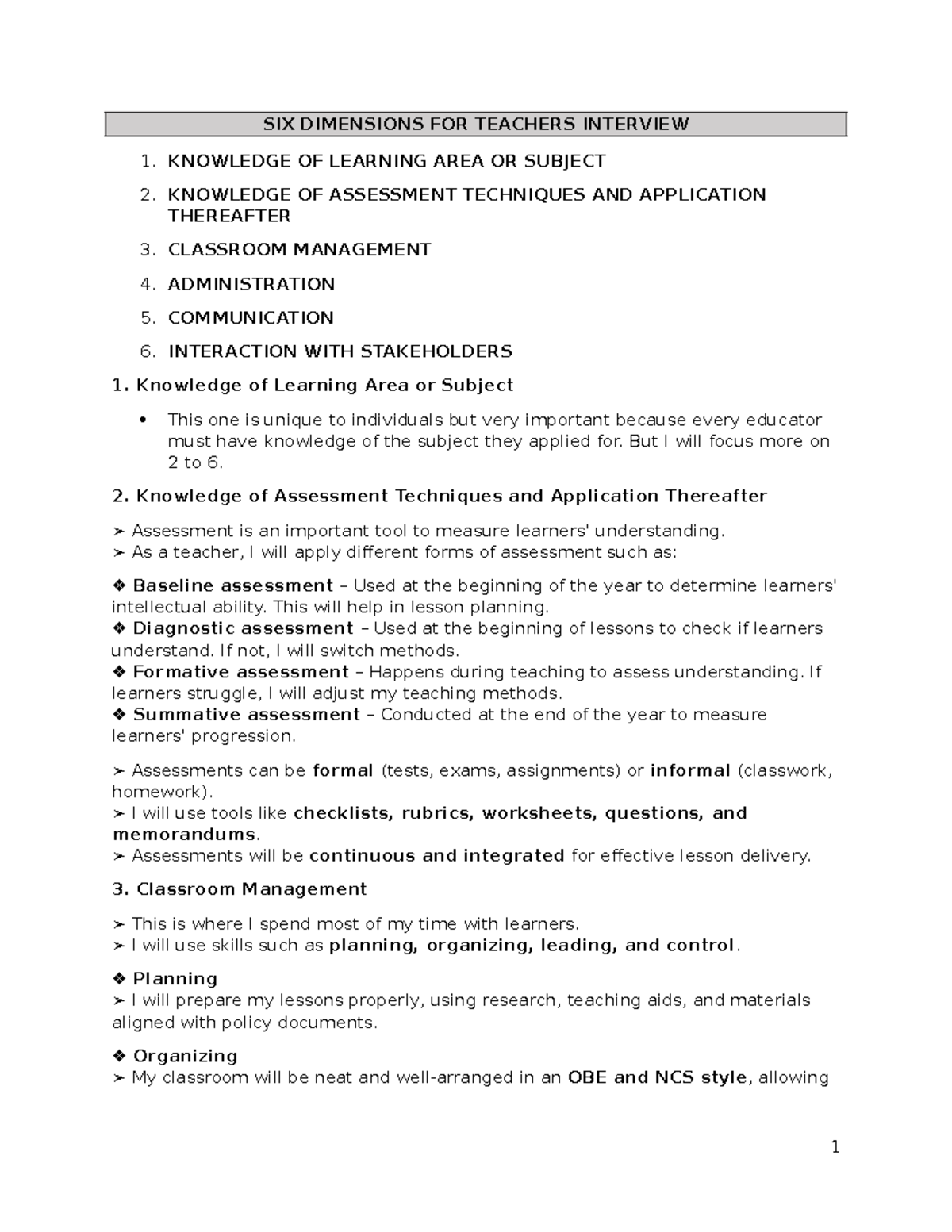 SIX DIMENSIONS FOR TEACHERS INTERVIEW: A Comprehensive Guide - Studocu