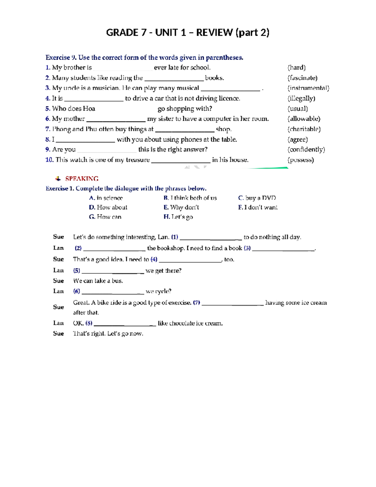 Grade 7 - UNIT 1 – Review Exercises and Dialogue Completion - Studocu