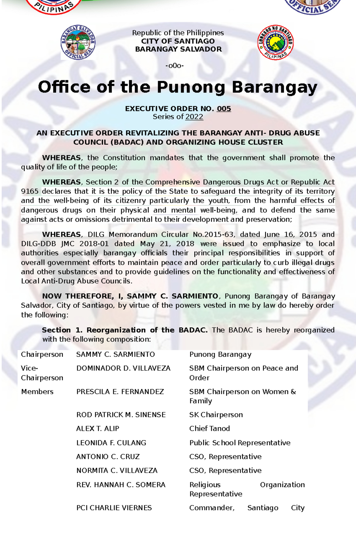 Executive Order No. 005 s. 2022: Revitalization of BADAC & House ...