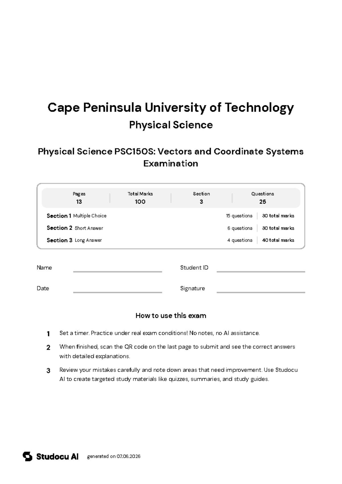 PSC150S: Vectors and Coordinate Systems Exam - Studocu