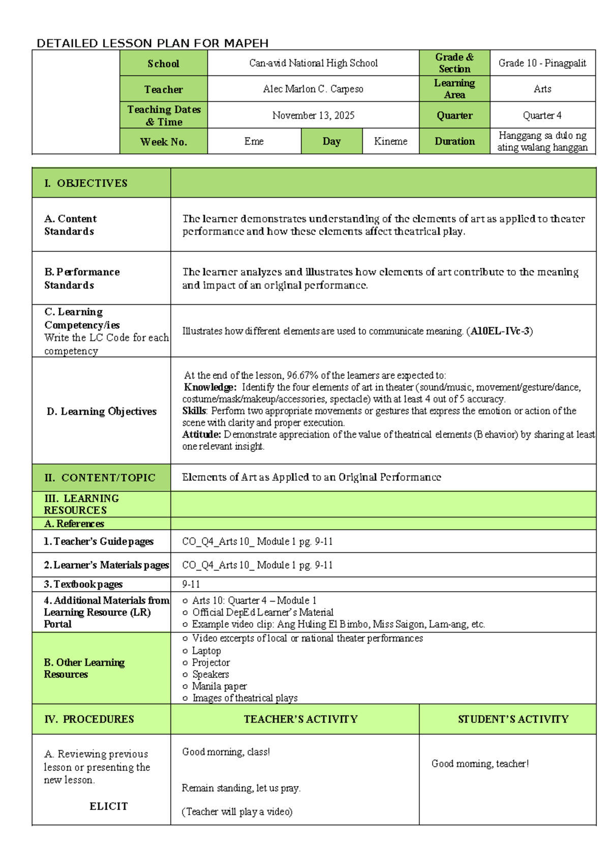 DETAILED LESSON PLAN FOR MAPEH 10: ELEMENTS OF ART IN THEATER - Studocu
