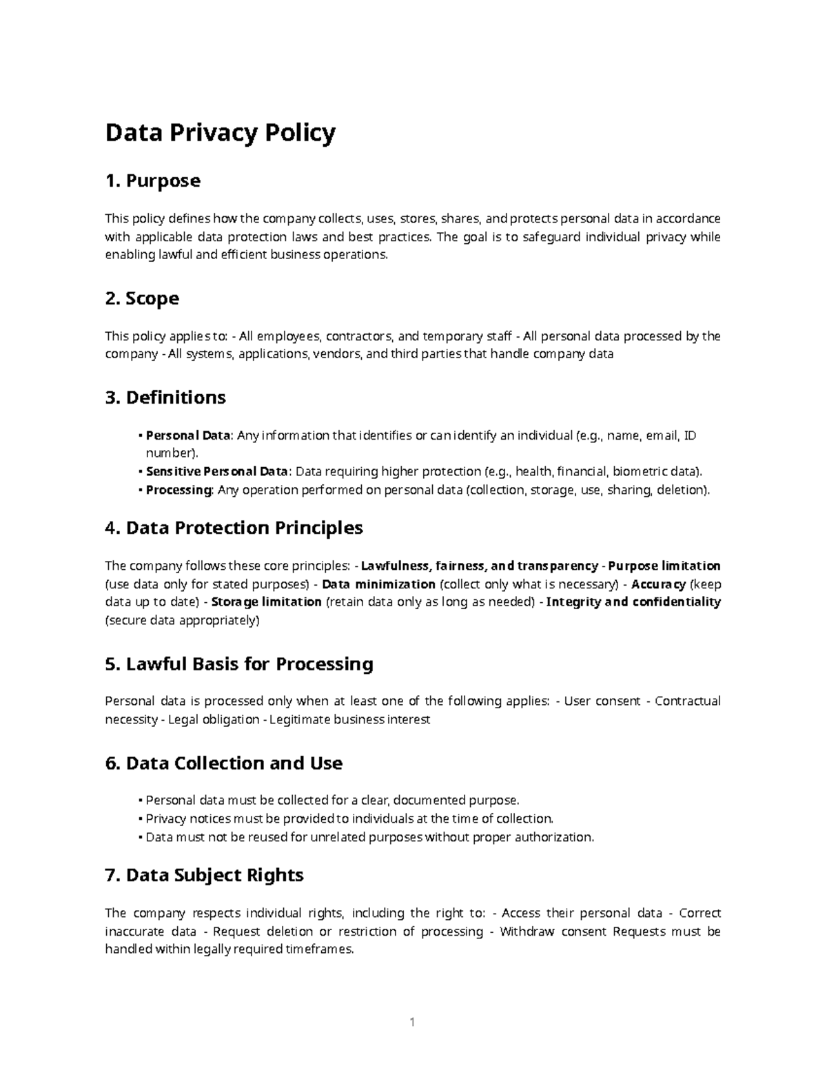 Company Data Privacy Policy: Guidelines and Principles - Studocu