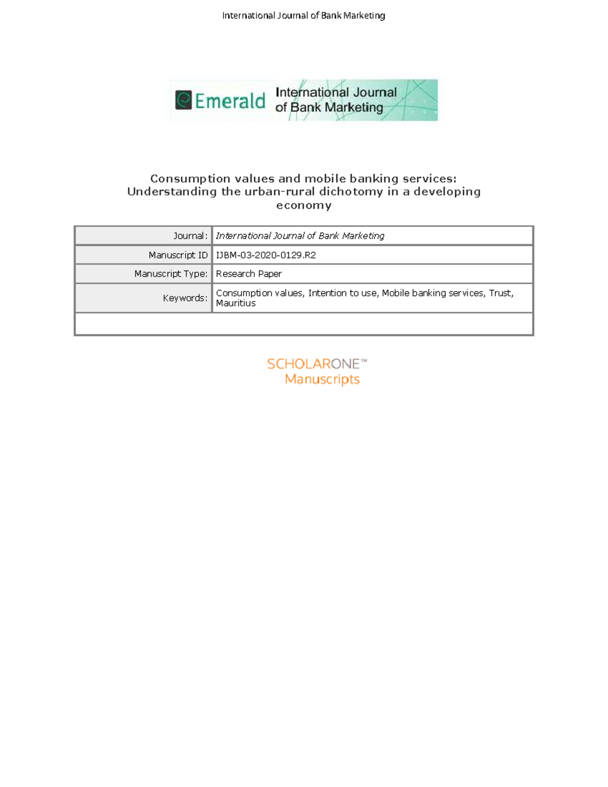 Understanding Consumption Values and Mobile Banking Services: A Study ...