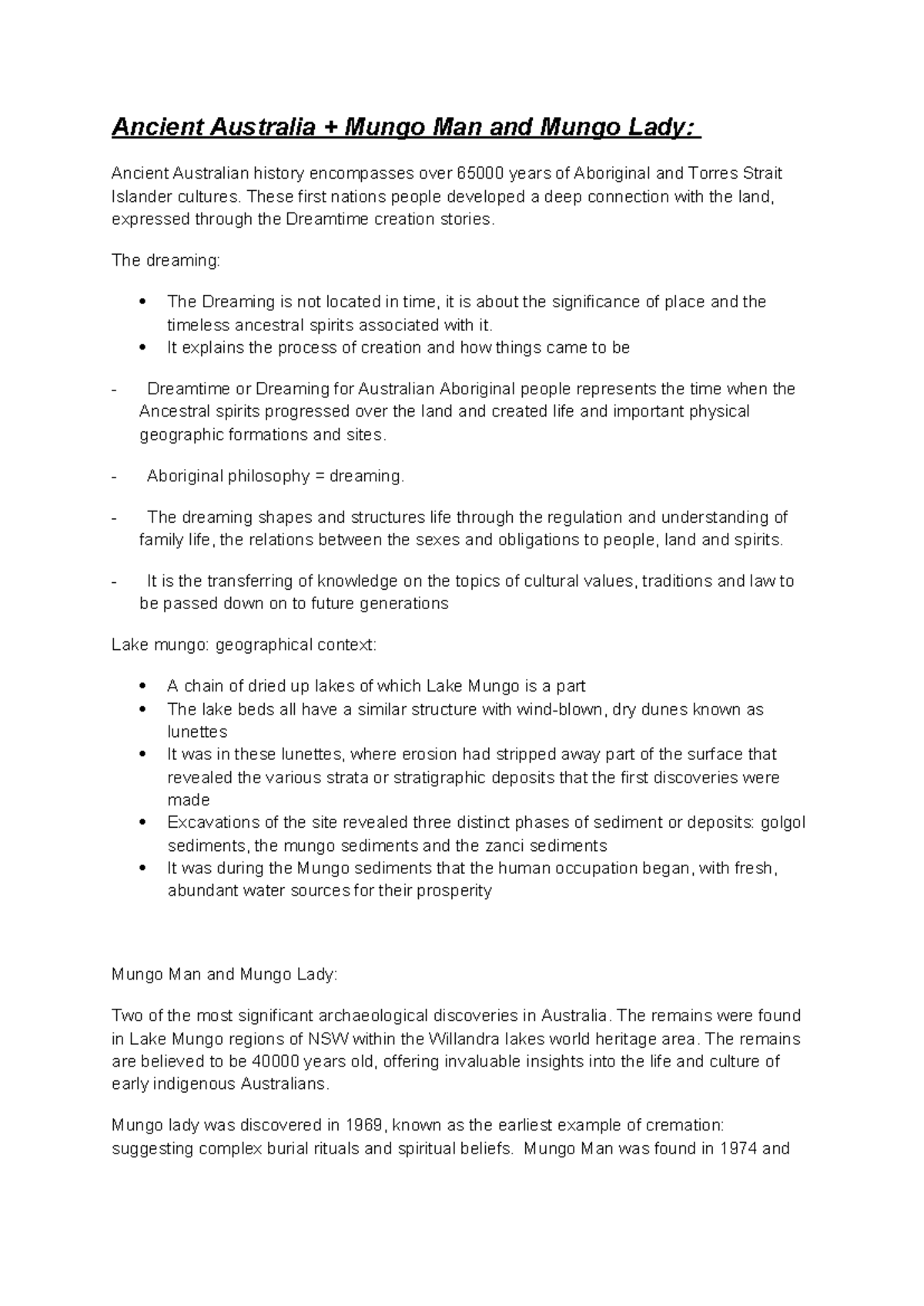 Ancient History Yr 11: Mungo Man & Lady in Aboriginal Culture - Studocu