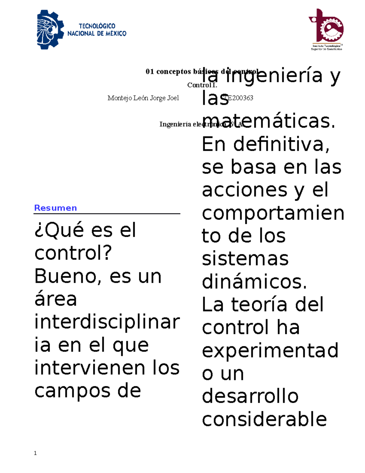 01 conceptos básicos del control - Resumen ¿Qué es el control? Bueno ...
