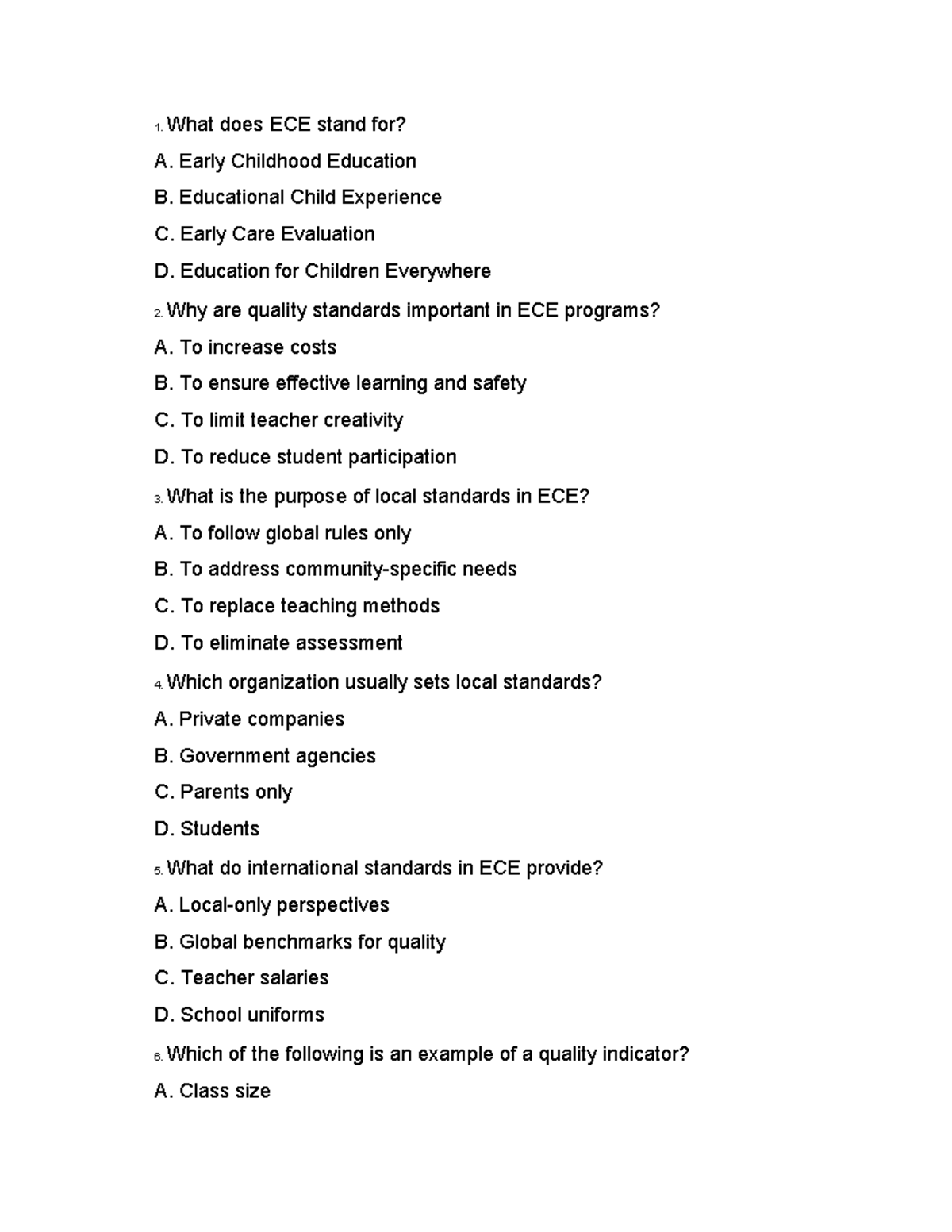 ECE 101: Group 2 Test Questions on Early Childhood Education Standards ...