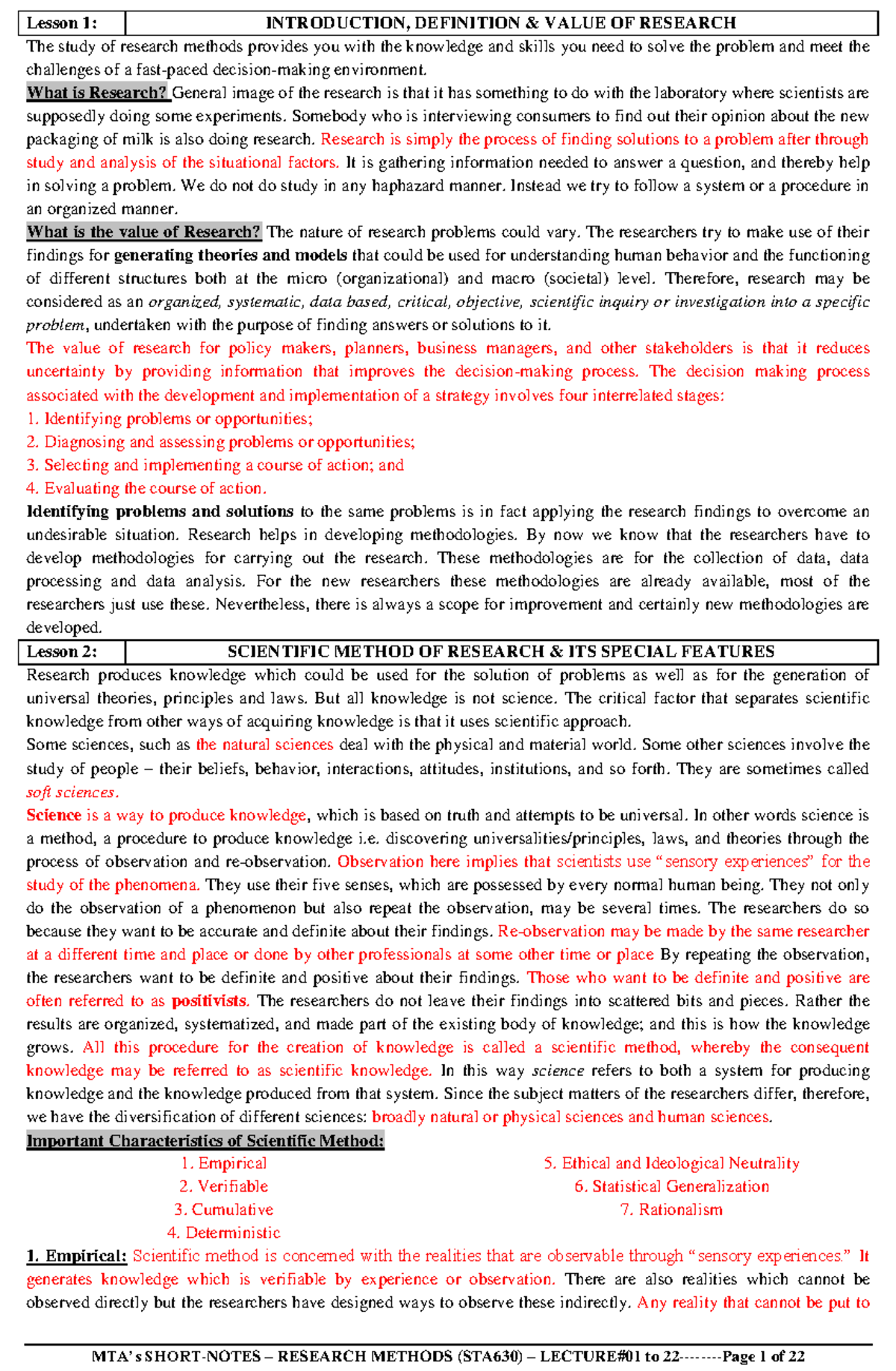 Research Methods Overview: STA630 Lesson Notes and Key Concepts - Studocu