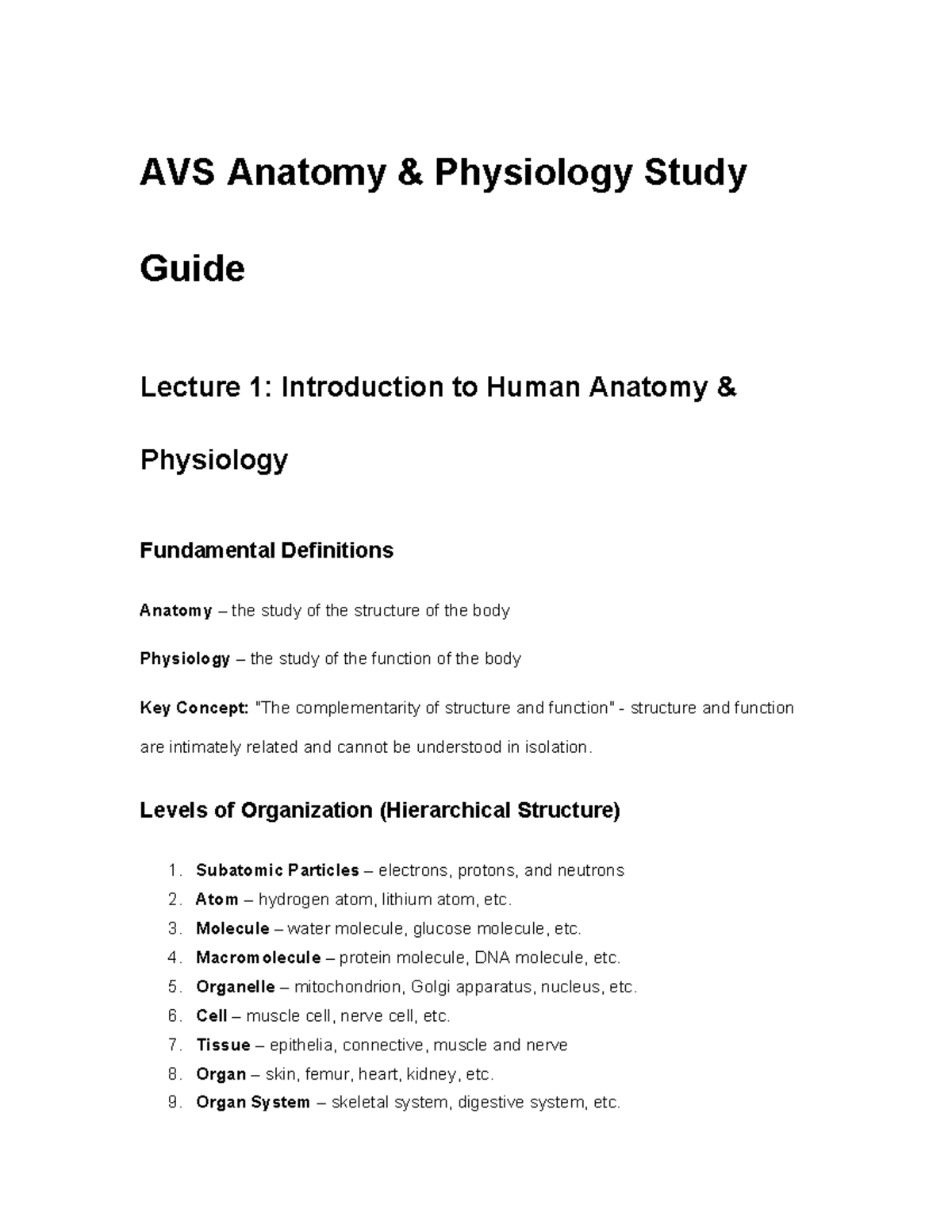 AVS Anatomy & Physiology Study Guide: Intro to Human Anatomy ...