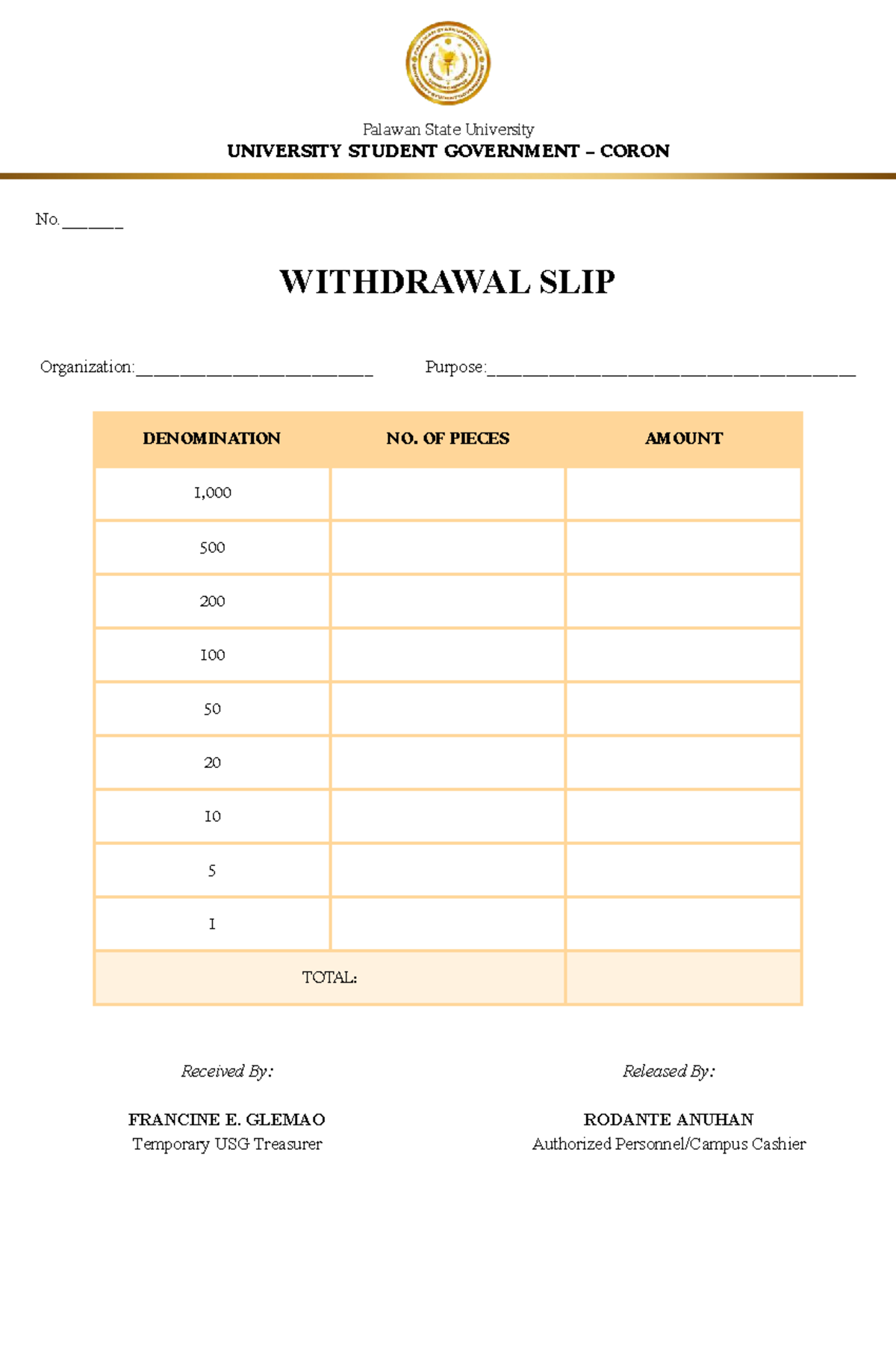 Withdrawal Slip - BS Criminology - DENOMINATION NO. OF PIECES AMOUNT 1 ...