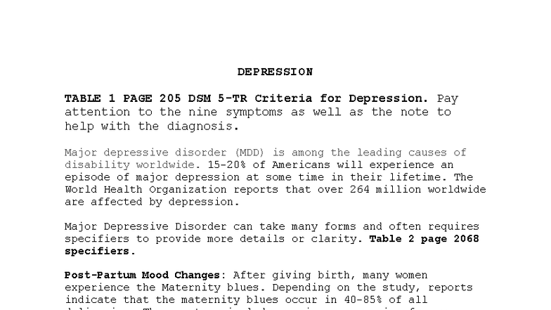 Lecture Notes on Depression: DSM Criteria & Treatment Methods - Studocu