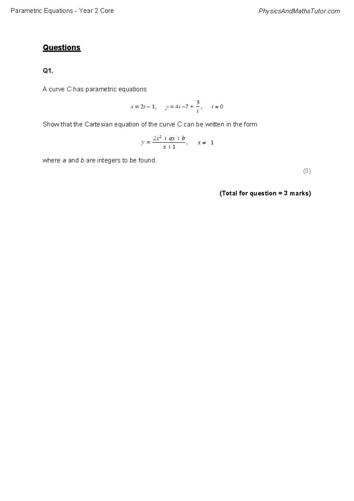 Parametric Equations Year 2 Core Questions and Solutions - Studocu