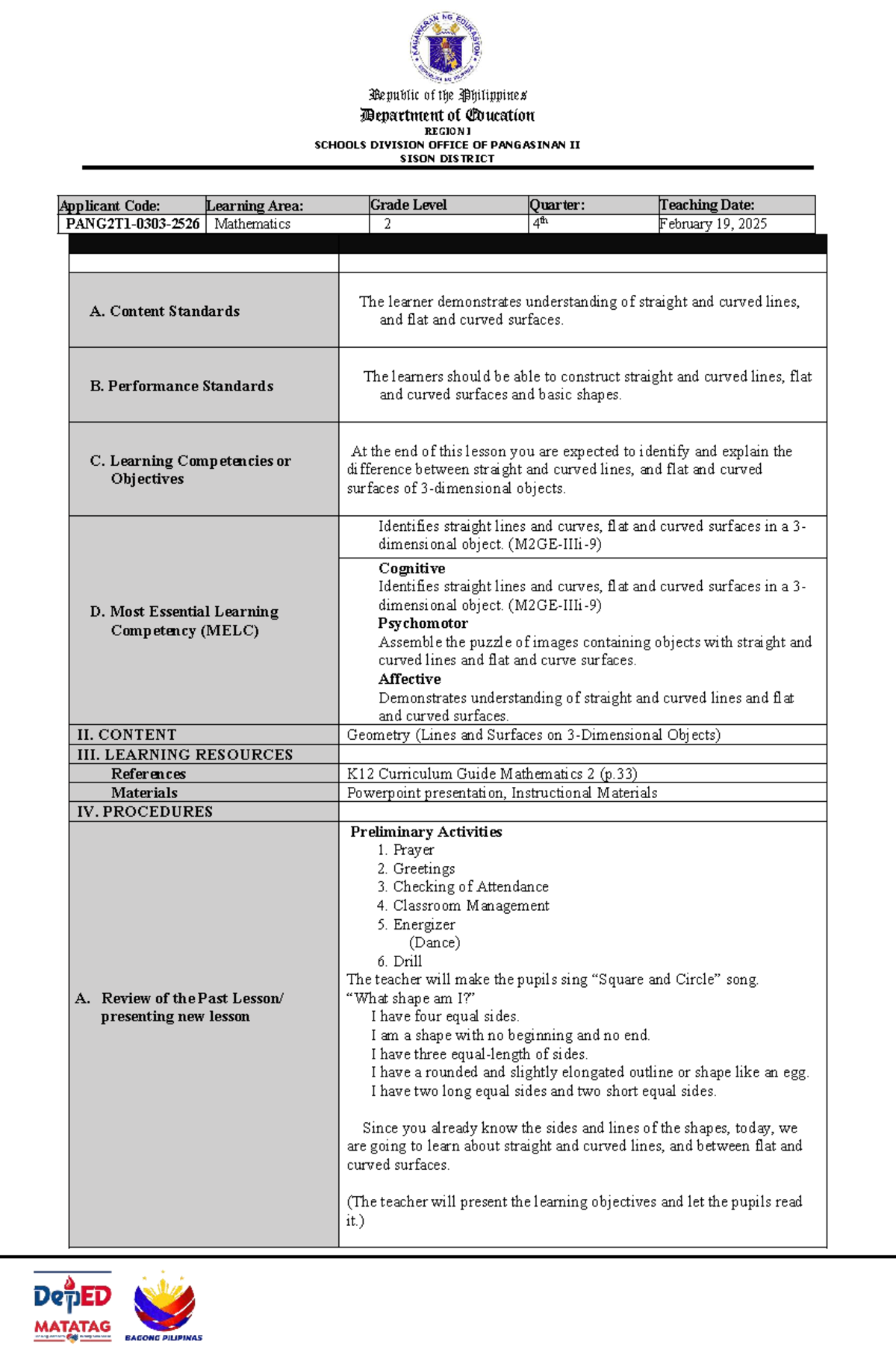 Mathematics 2 Lesson Plan: Straight & Curved Lines, Surfaces - Studocu