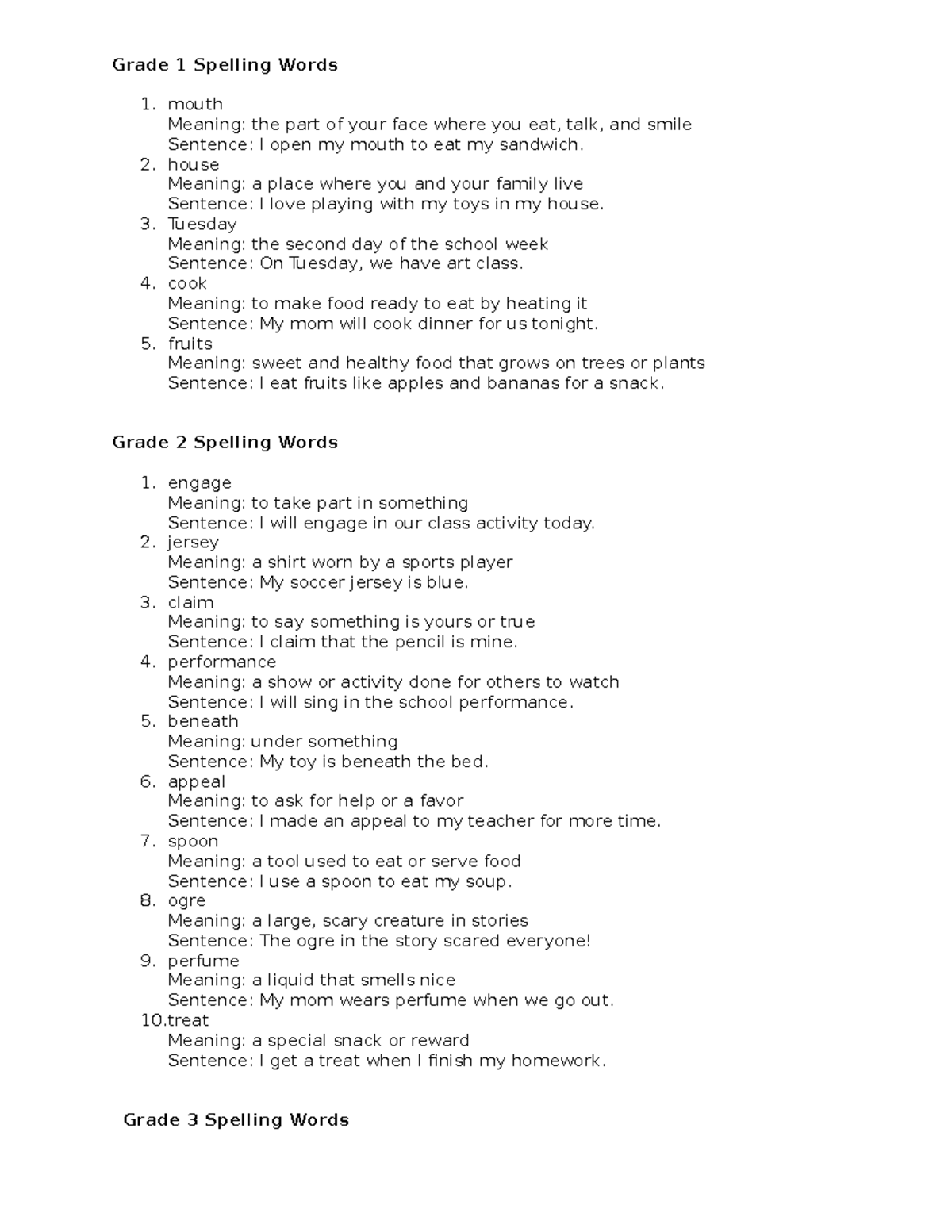 Grades 1-3 Spelling Words - Grade 1 Spelling Words 1. mouth Meaning ...
