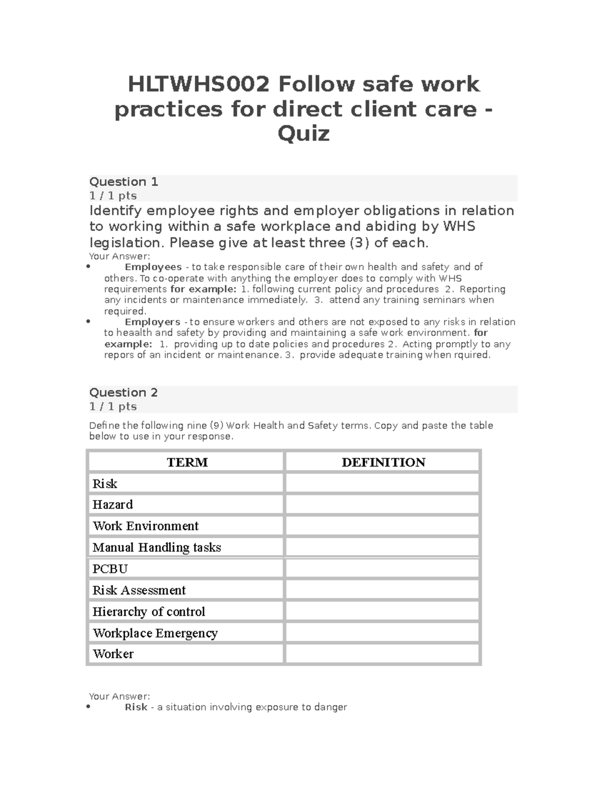 HLTWHS002 Safe Work Practices for Client Care - Quiz Review - Studocu
