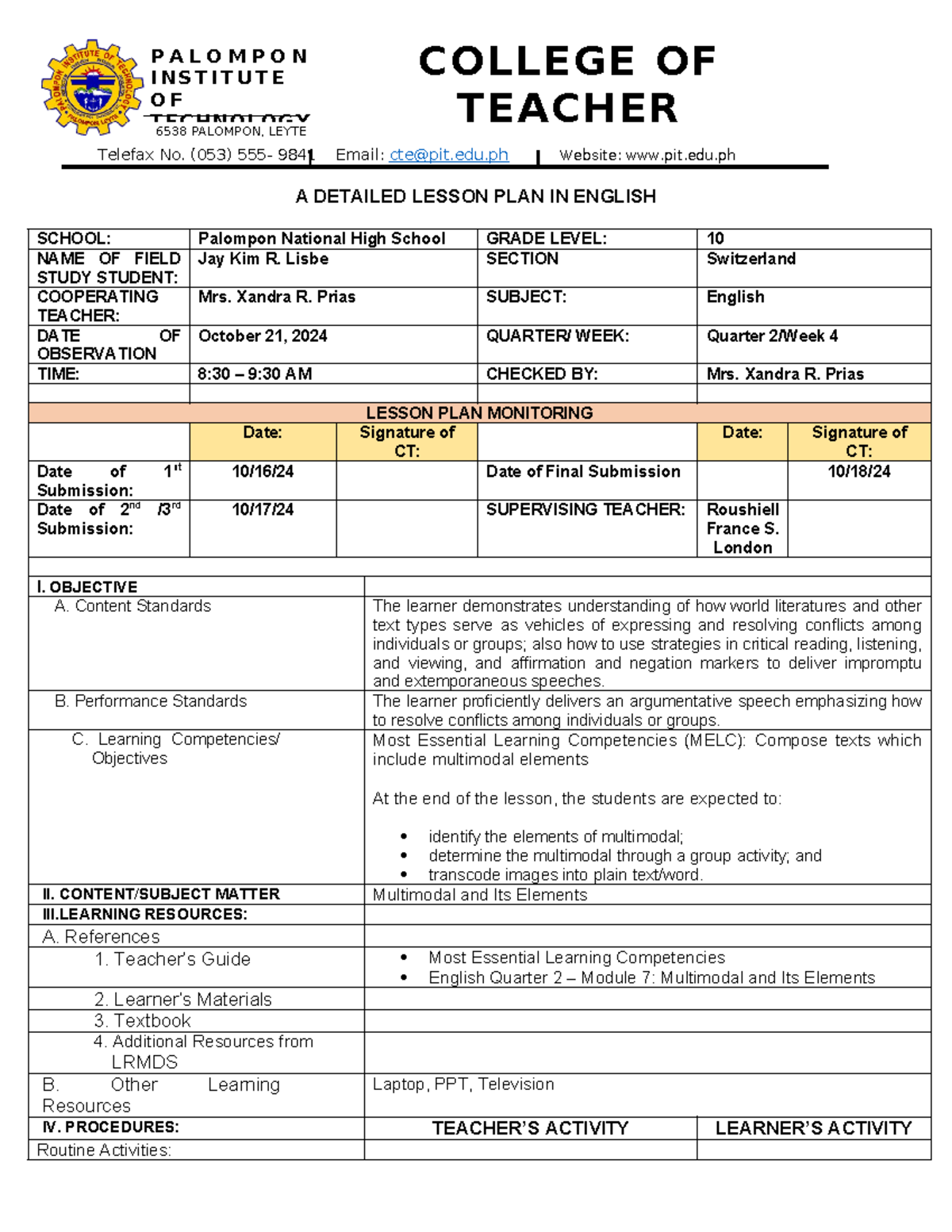 LP 9 - Multimodal Elements: A Detailed Lesson Plan for English 10 - Studocu
