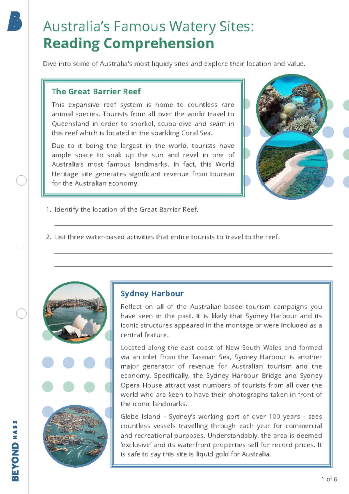 Australia's Iconic Watery Landmarks: Reading Comprehension Guide - Studocu