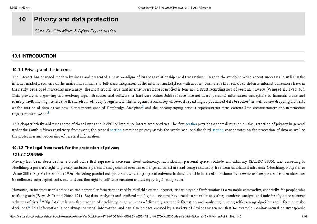 Cyberlaw @ SA: Insights on Privacy & Data Protection - Chapter 10 - Studocu