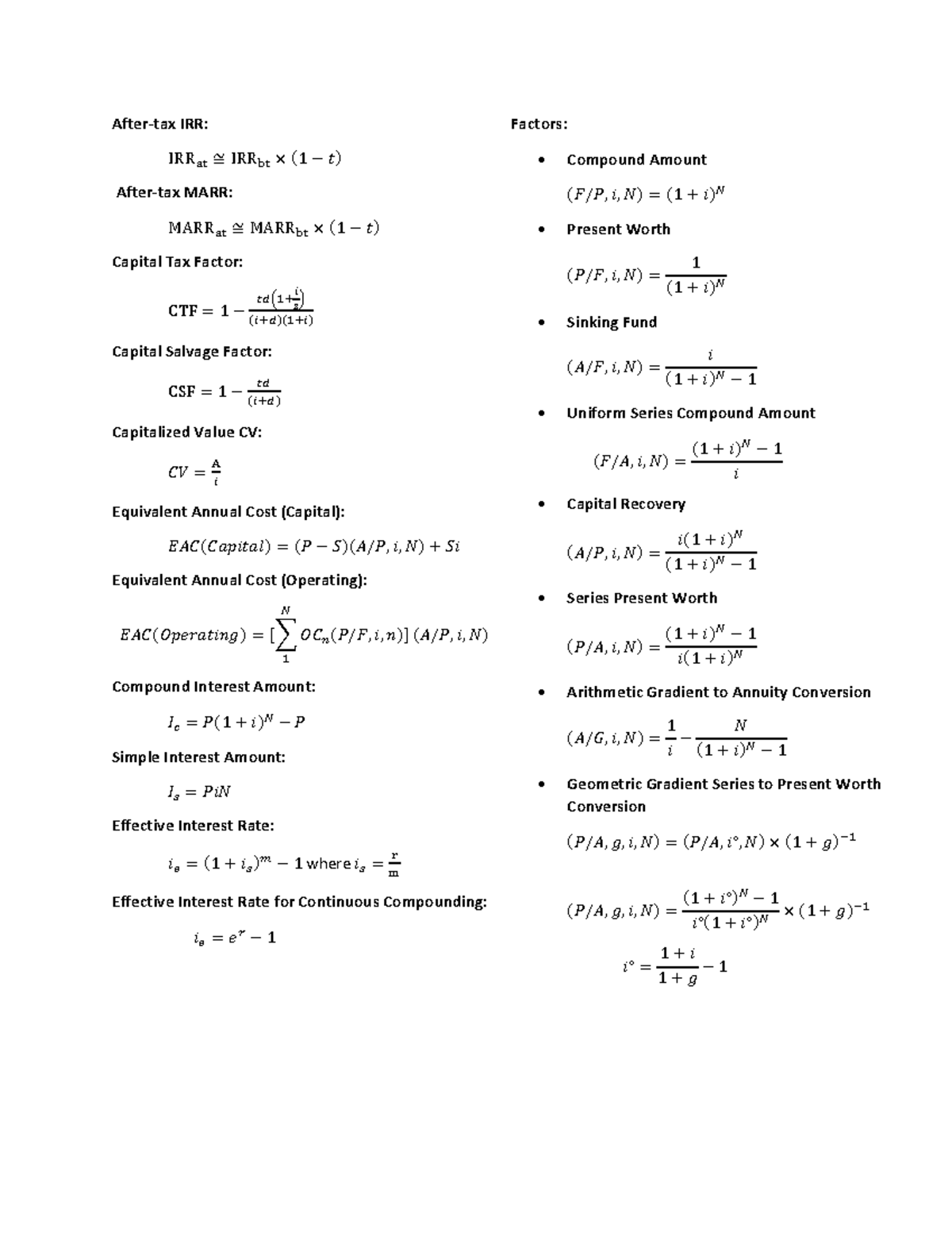 CE3963 Final Exam: Key Formulas for IRR and Financial Analysis - Studocu