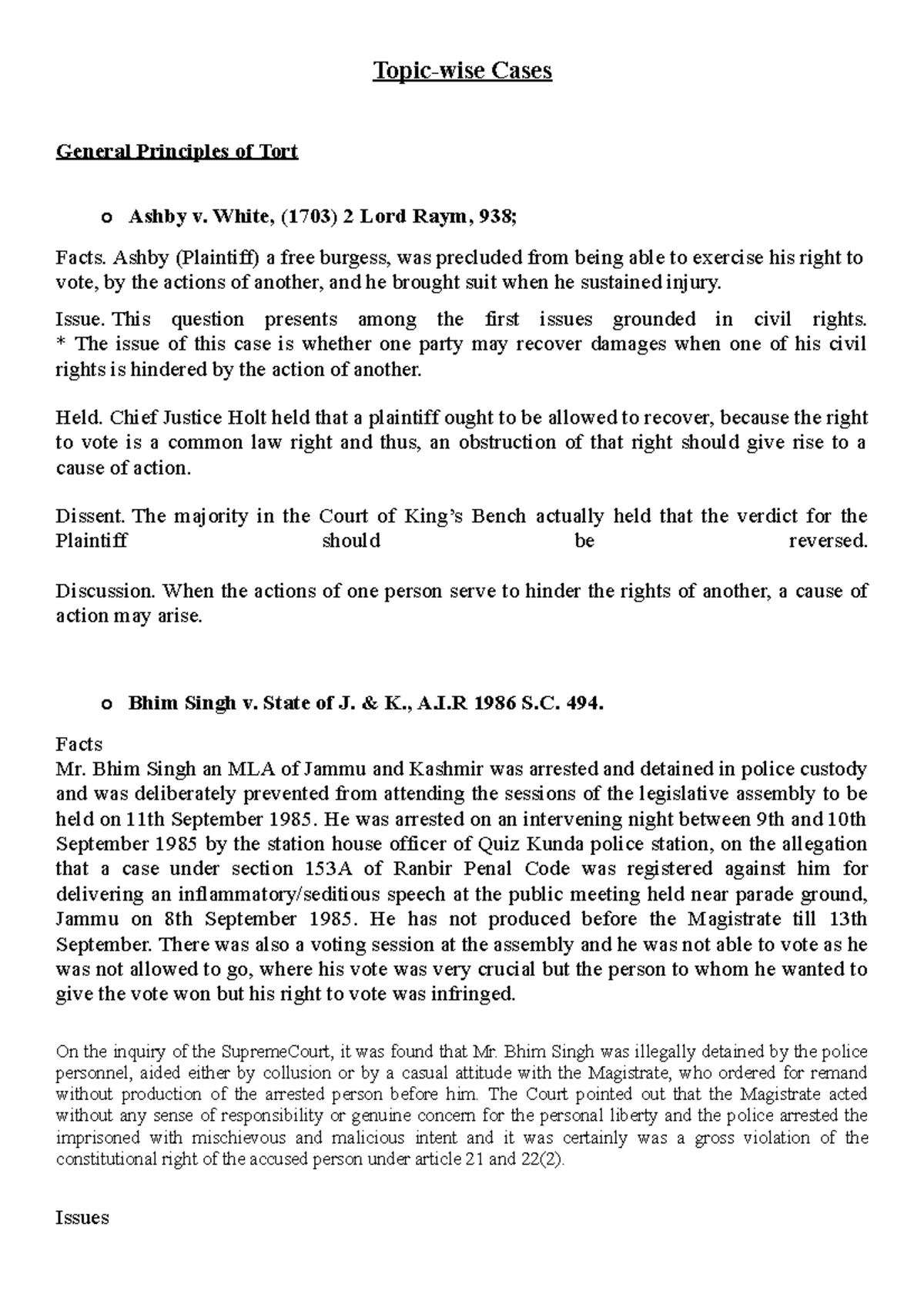 Topic-wise Cases in Tort Law: Key Judgments and Principles - Studocu