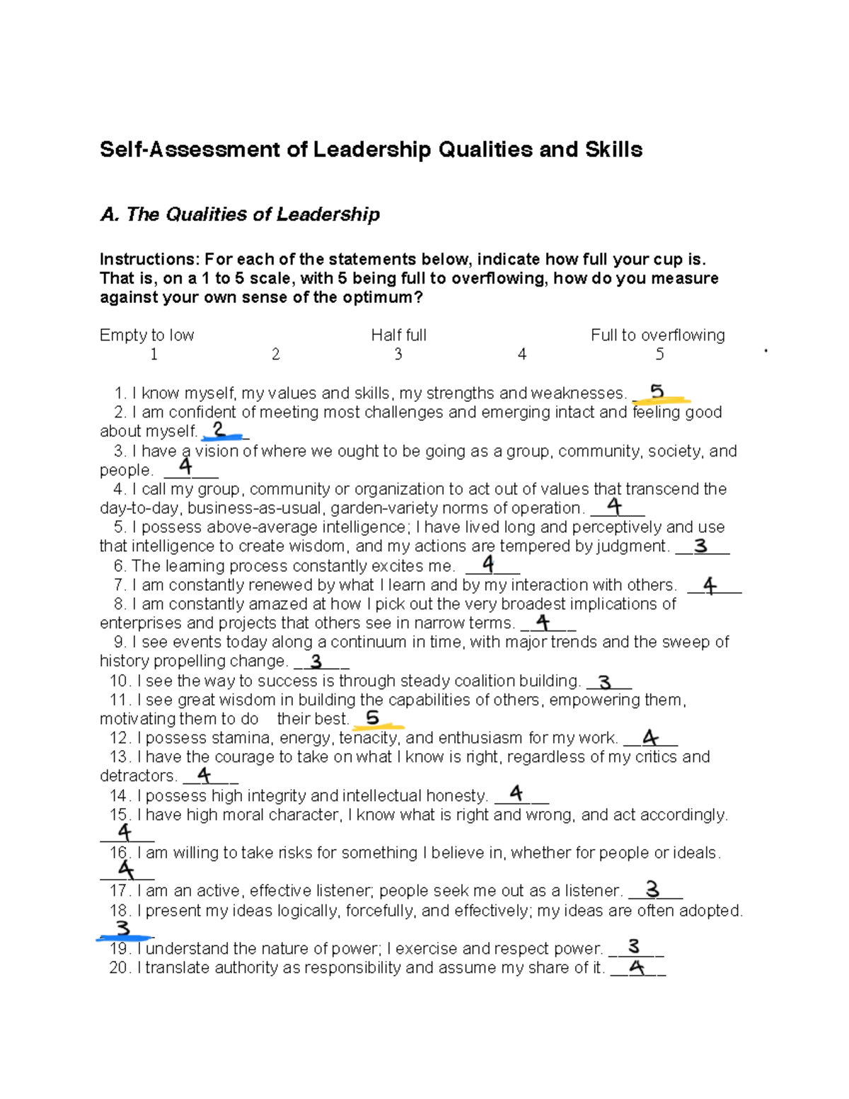 Self-Assessment Sheet for Leadership Qualities - PLP1 - Studocu