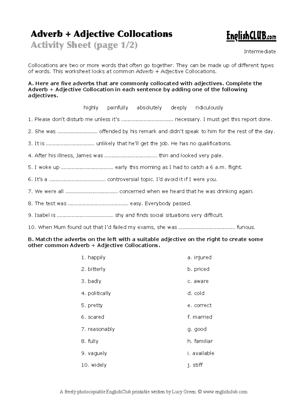 Adverb + Adjective Collocations Activity Sheet (Intermediate) - Studocu