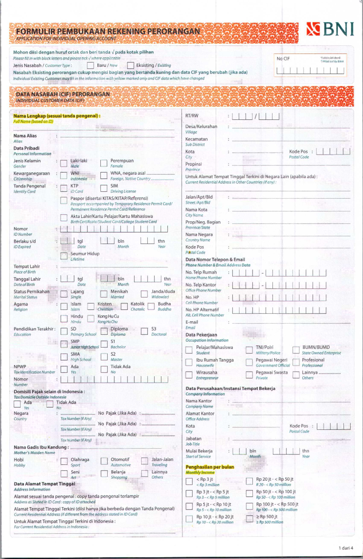 Aplikasi Pembukaan Rekening BNI - Formulir Nasabah Perorangan - Studocu