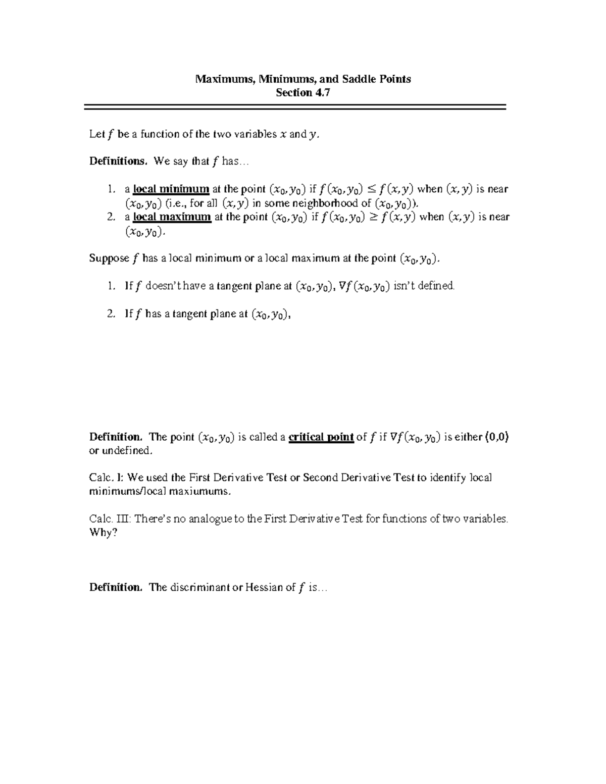 Calculus III: Extreme Values & Critical Points (Section 4.7) - Studocu
