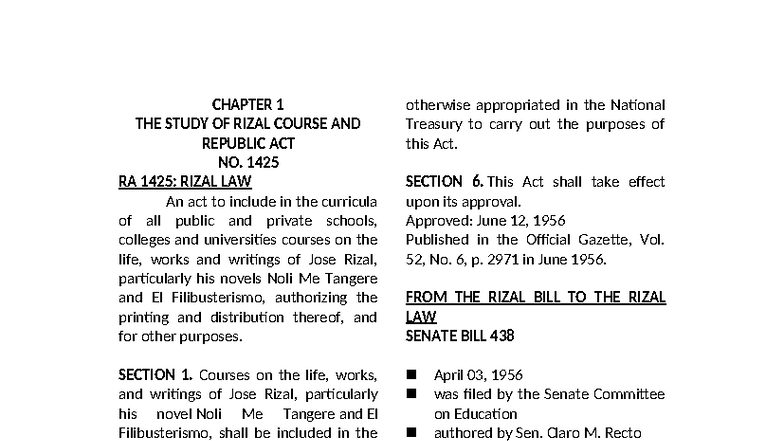 CHAPTER 1 & 2: RIZAL LAW (RA 1425) & 19th Century PH Context - Studocu