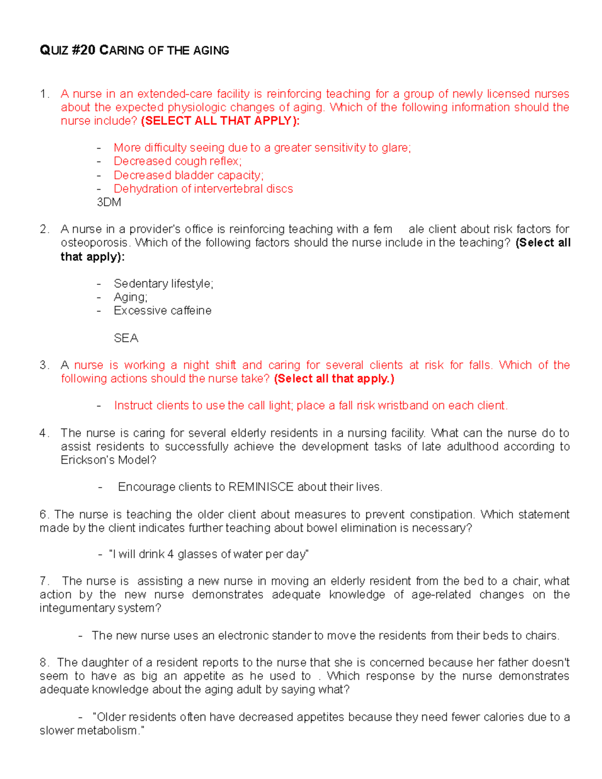 Quiz #20: Nursing Considerations for the Aging Population - Studocu