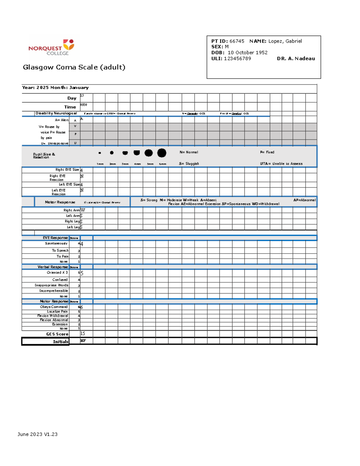 Glasgow Coma Scale GCS Flow Sheet V1 - January 2025 - Studocu