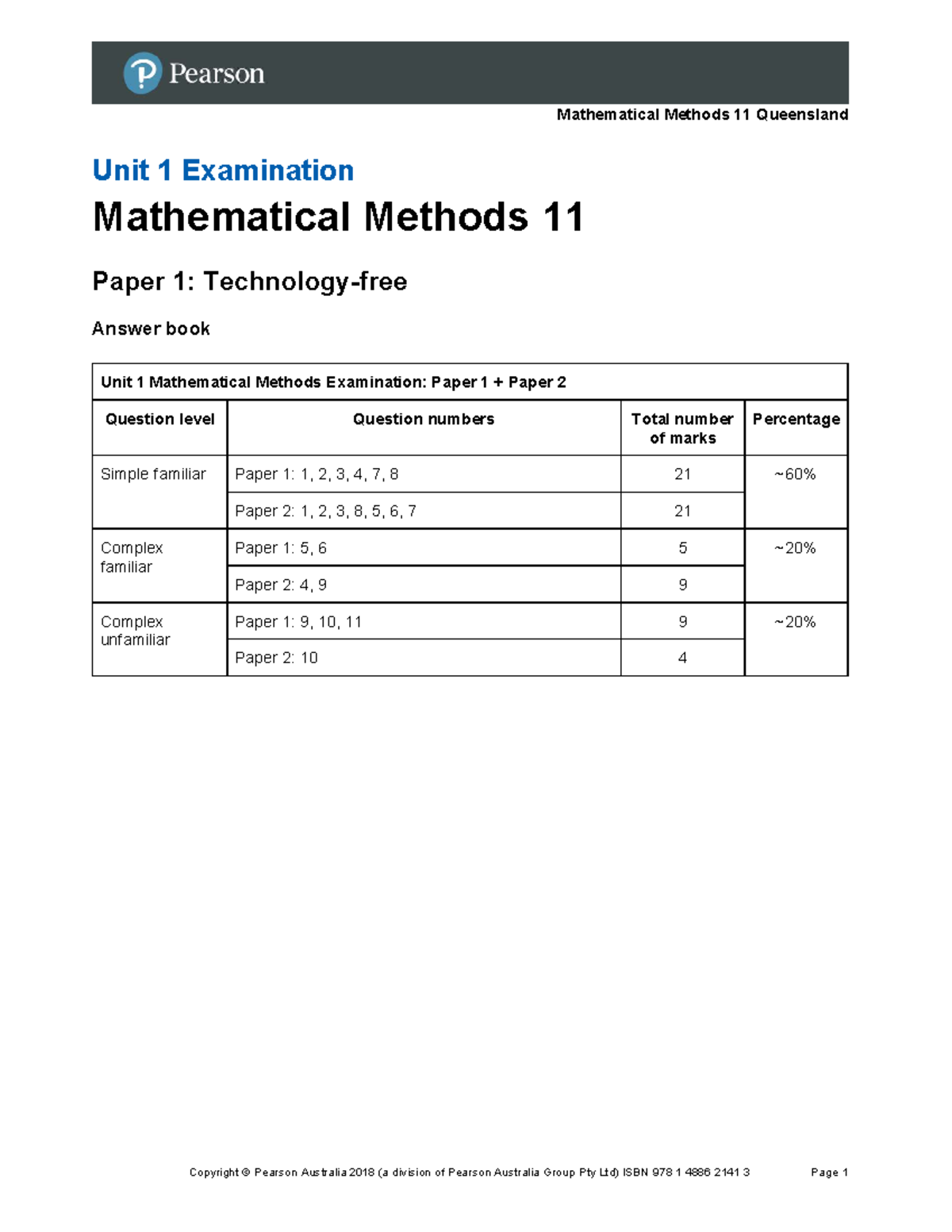 Mathematical Methods 11 - Unit 1 Exam - Paper 1 (Tech-free) - Studocu