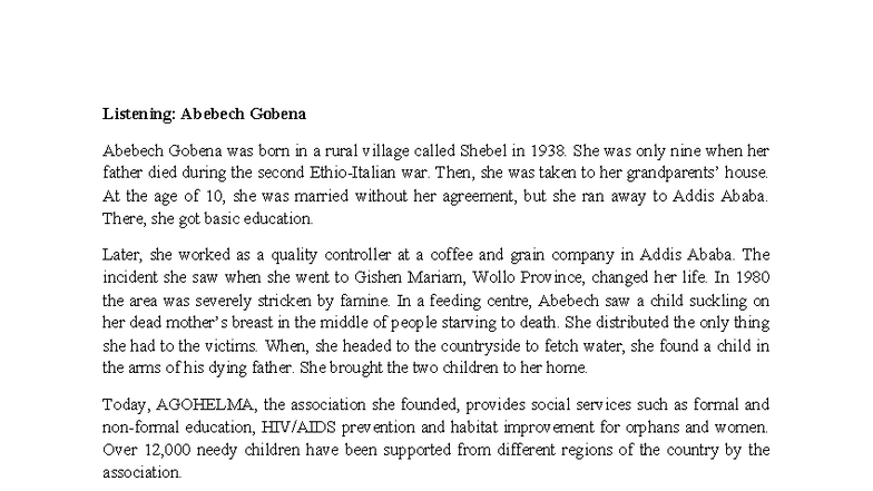 Listening: The Inspiring Life of Abebech Gobena - Studocu