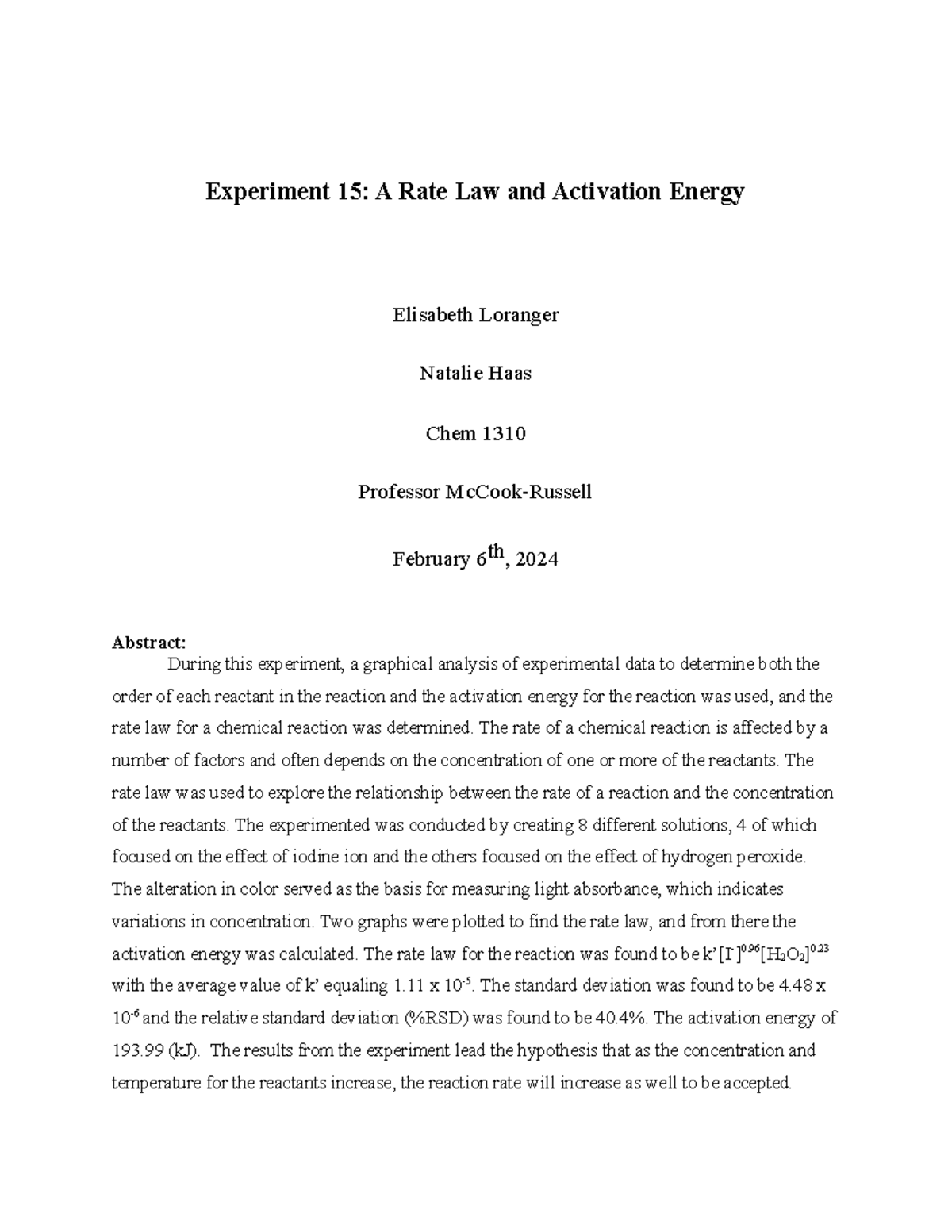 Chem 1310 Experiment 15 - Rate Law and Activation Energy Lab Report ...