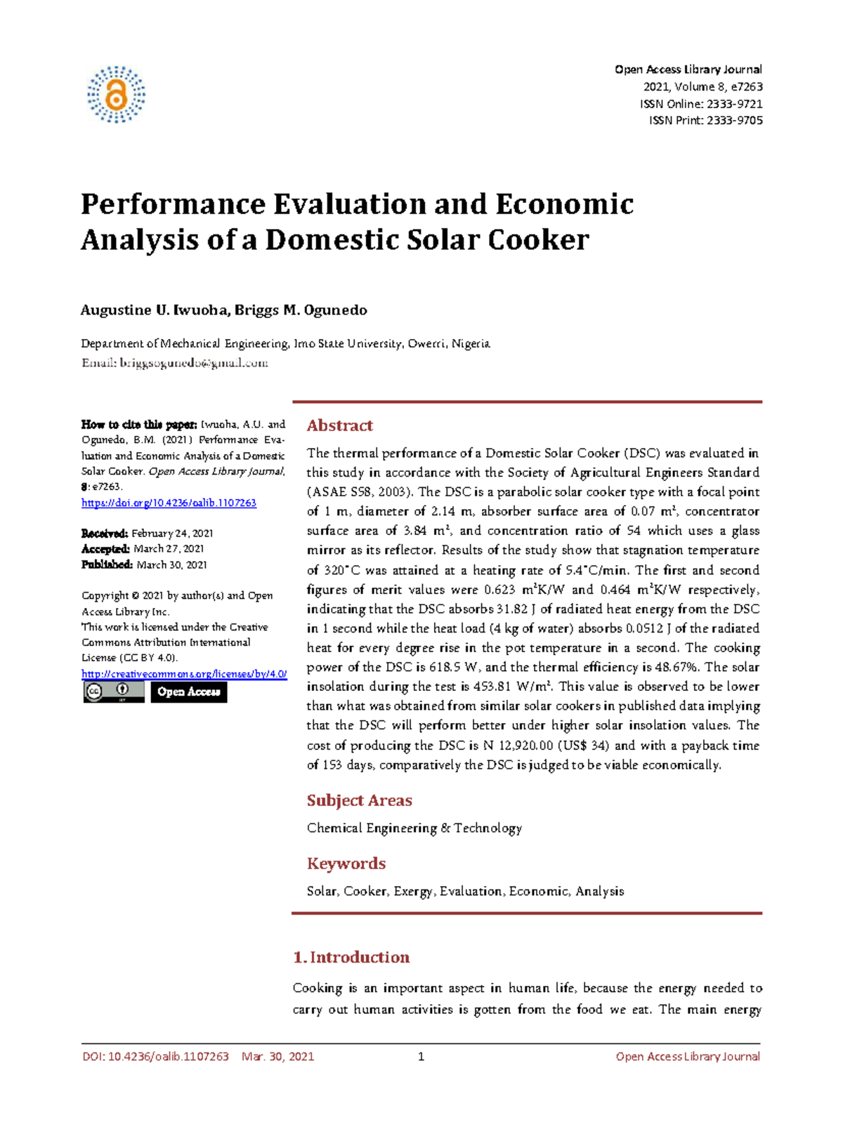 Exergy Evaluation of Domestic Solar Cookers: Performance & Economics ...