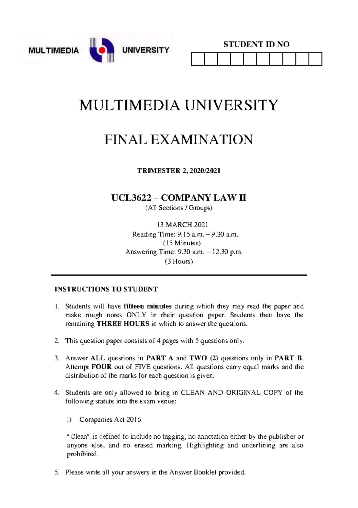 Company Law II 20 21 - Past year - MULTIMEDIA UNIVERSITY FINAL ...