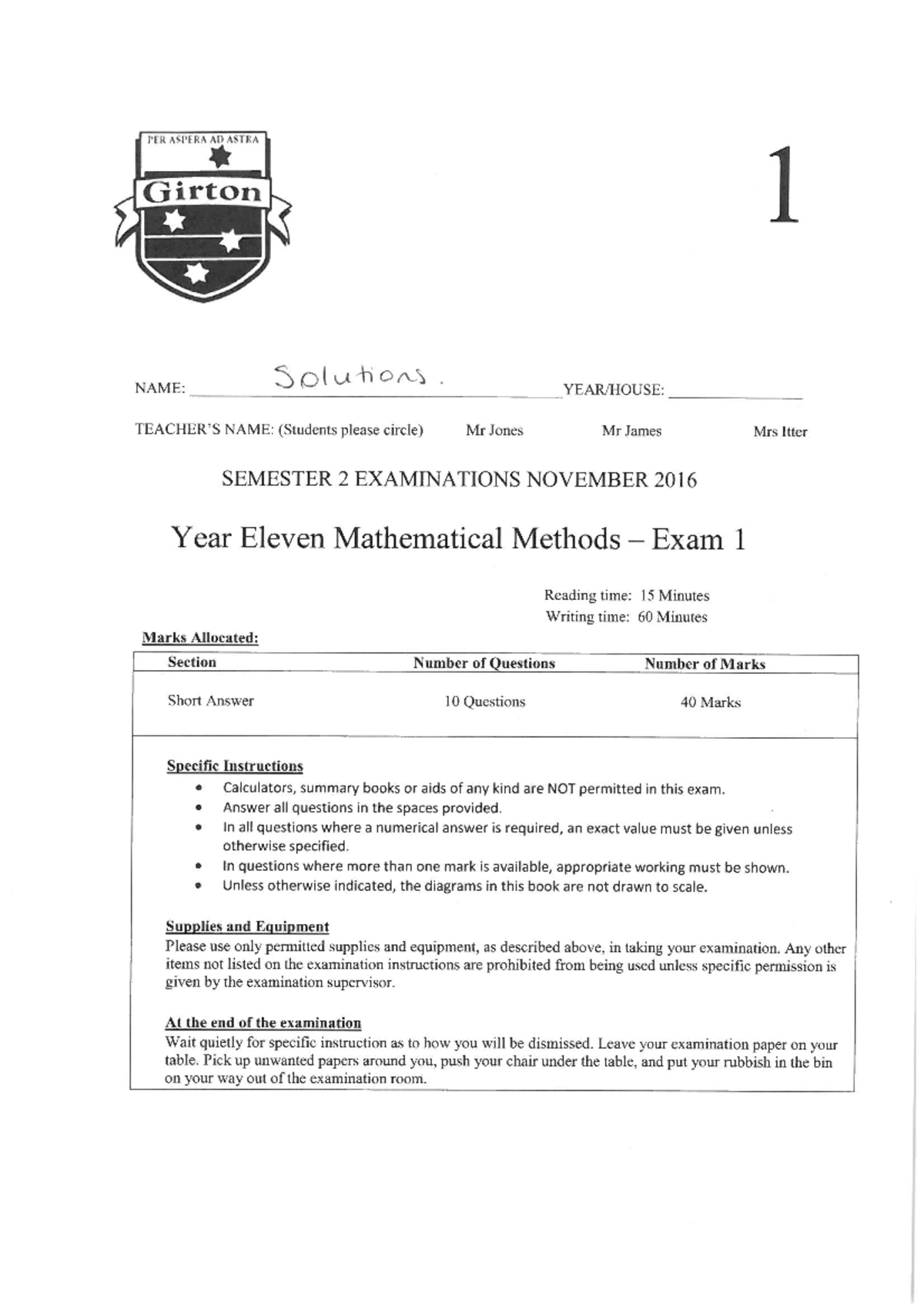2016 Year 11 Mathematical Methods Exam 1 Solutions - Studocu