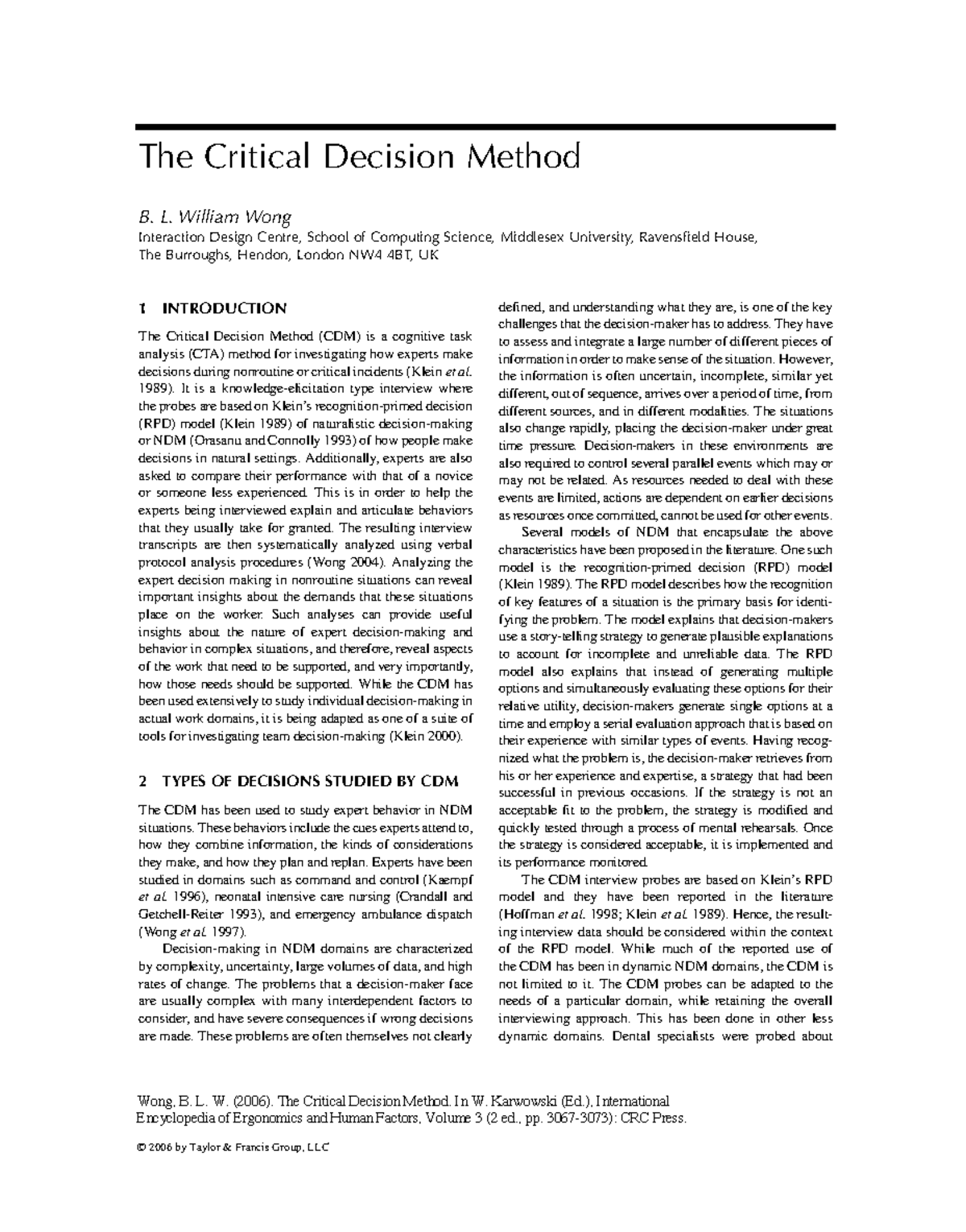 Chapter 597: The Critical Decision Method - Insights from Wong (2006 ...