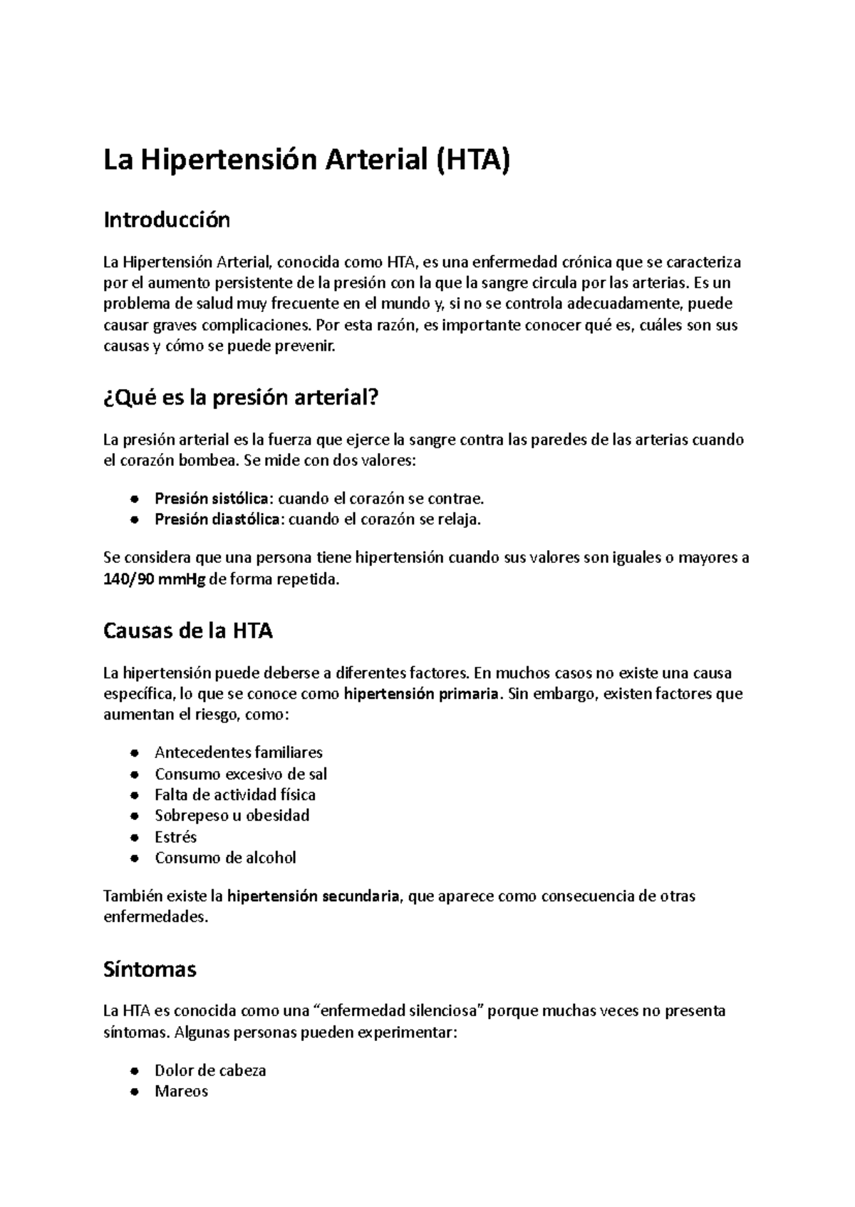 La Hipertensión Arterial (HTA): Causas, Síntomas y Prevención - Studocu