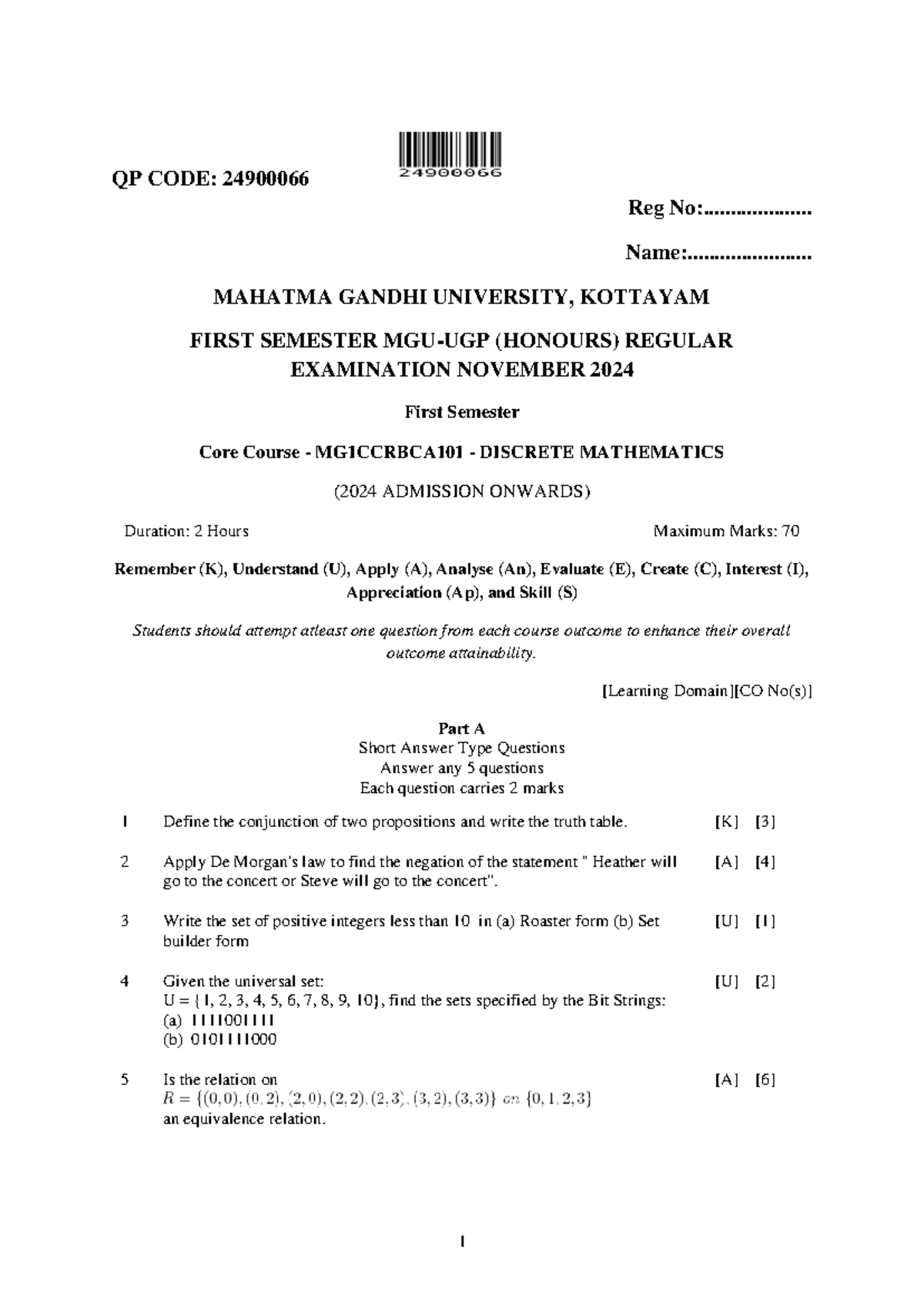 MG1CCRBCA101 Discrete Mathematics Final Exam Questions (Nov 2024) - Studocu