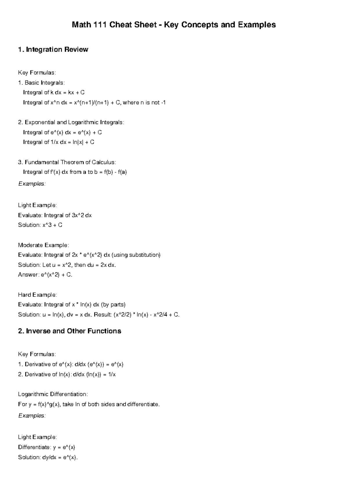 Math111 cheatsheet final - Math 111 Cheat Sheet - Key Concepts and ...
