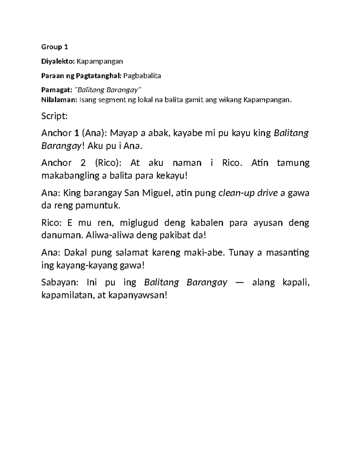 Pangkatang Gawain: Kapampangan at Hiligaynon na Pagsasadula - Studocu